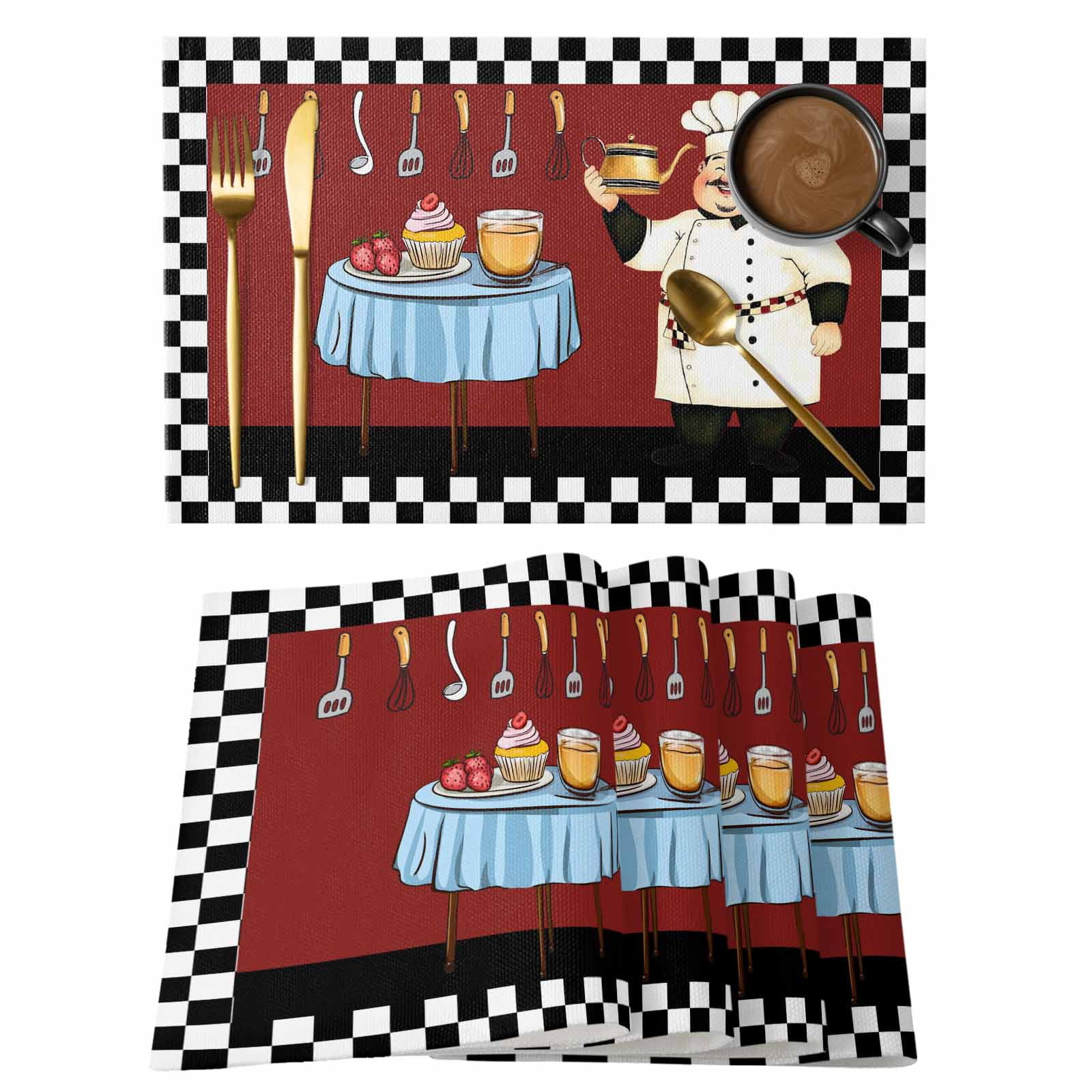 Chef Placemats Set of 4 Cartoon Red Food Cooking Black White Buffalo ...