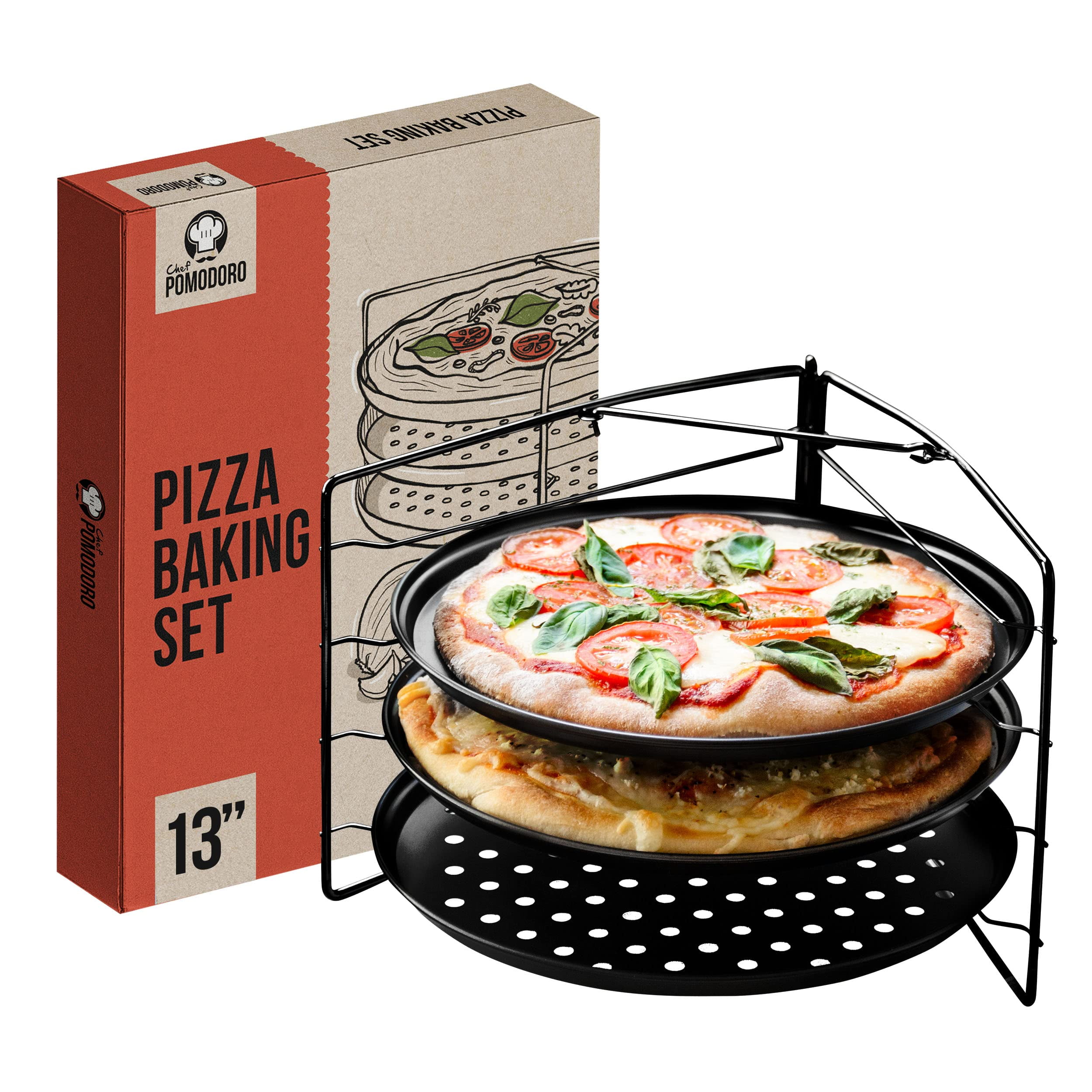 Chef Pomodoro Pizza Baking Set with 3 Pizza Pans & Pizza Rack, 13-Inch ...