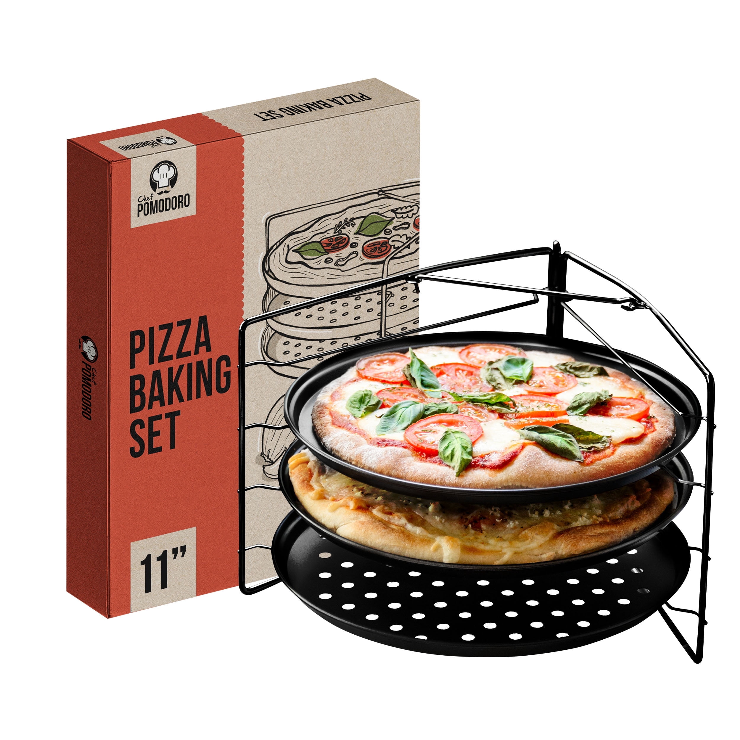 Chef Pomodoro Pizza Baking Set with 3 Pizza Pans 11" and Pizza Rack ...