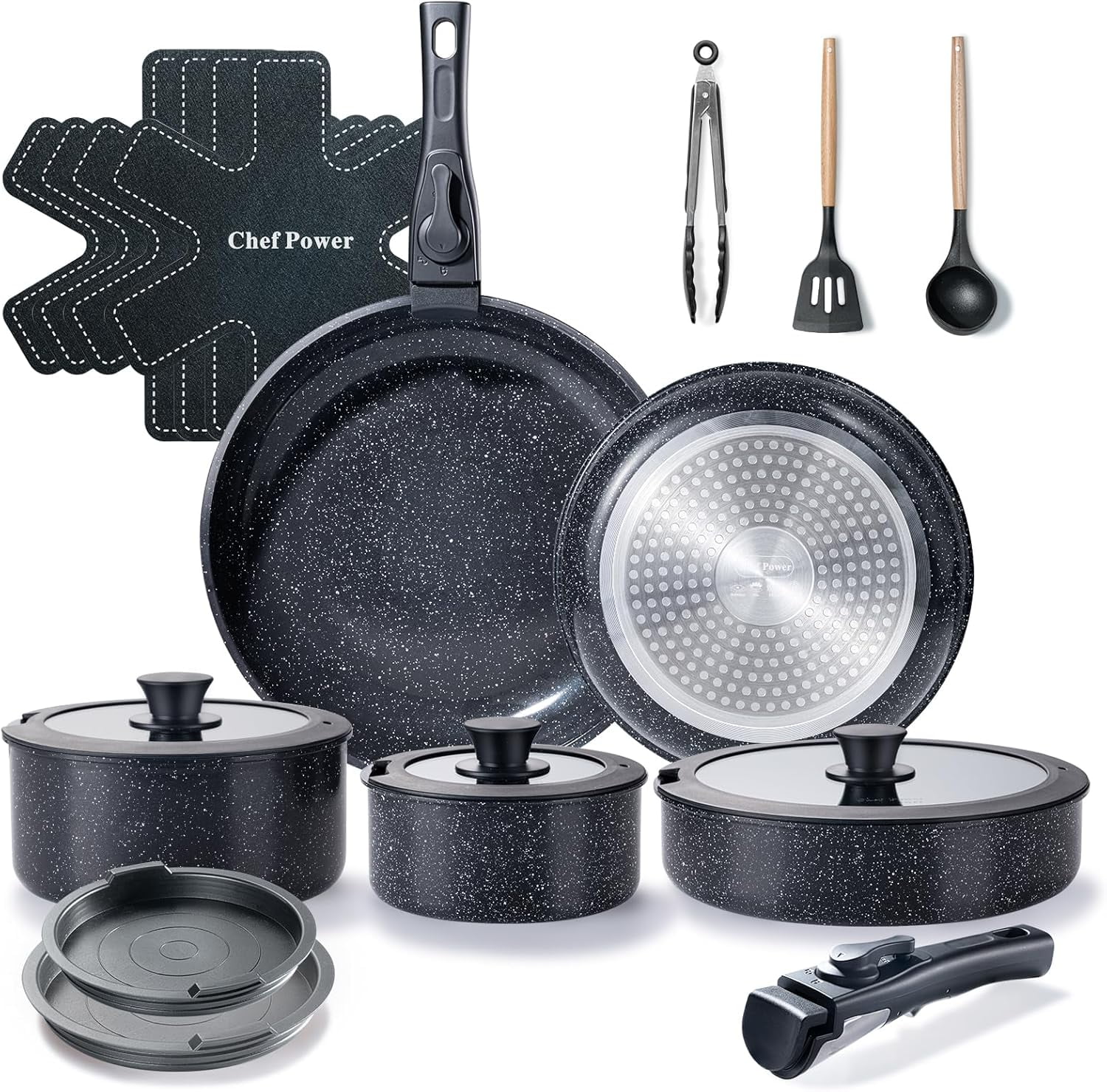 Chef Power Ceramic Nonstick Cookware Set 19 Piece with Detachable ...