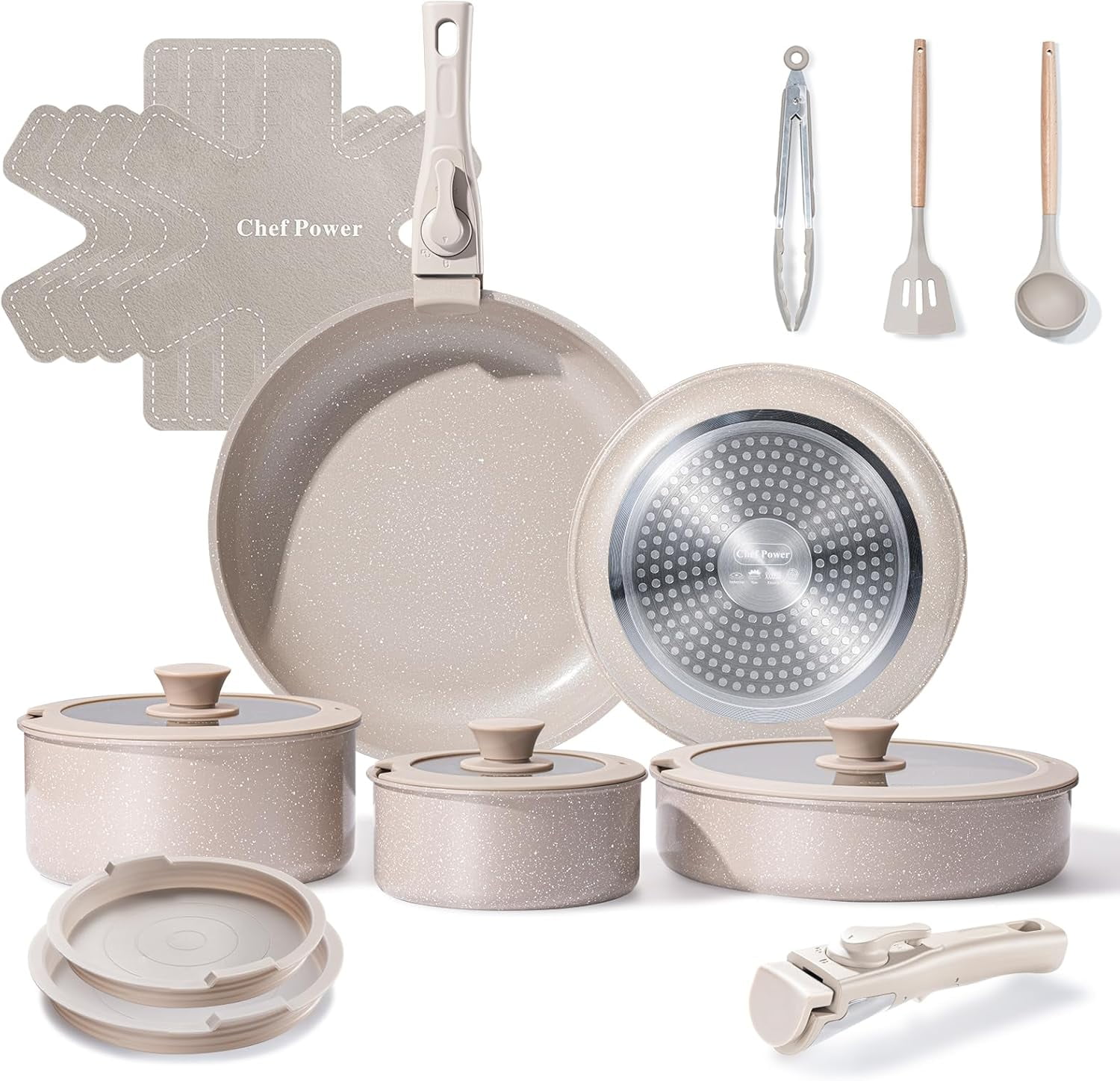 Chef Power Ceramic Nonstick Pots and Pans Set 19 Piece with Detachable Handle, Induction ...
