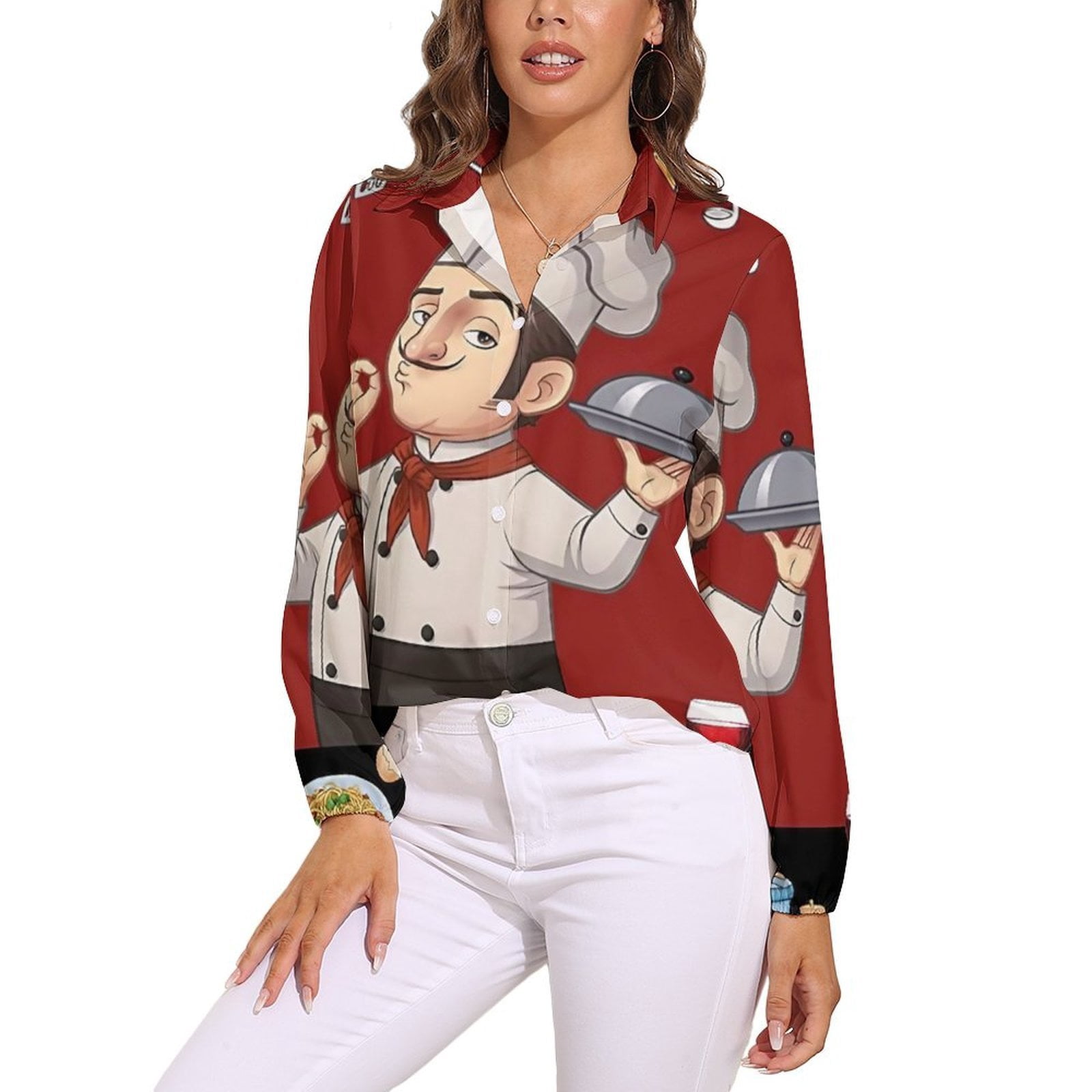 Chef Presenting Dish with Utensils Vntage Casual Long Sleeve Shirt ...