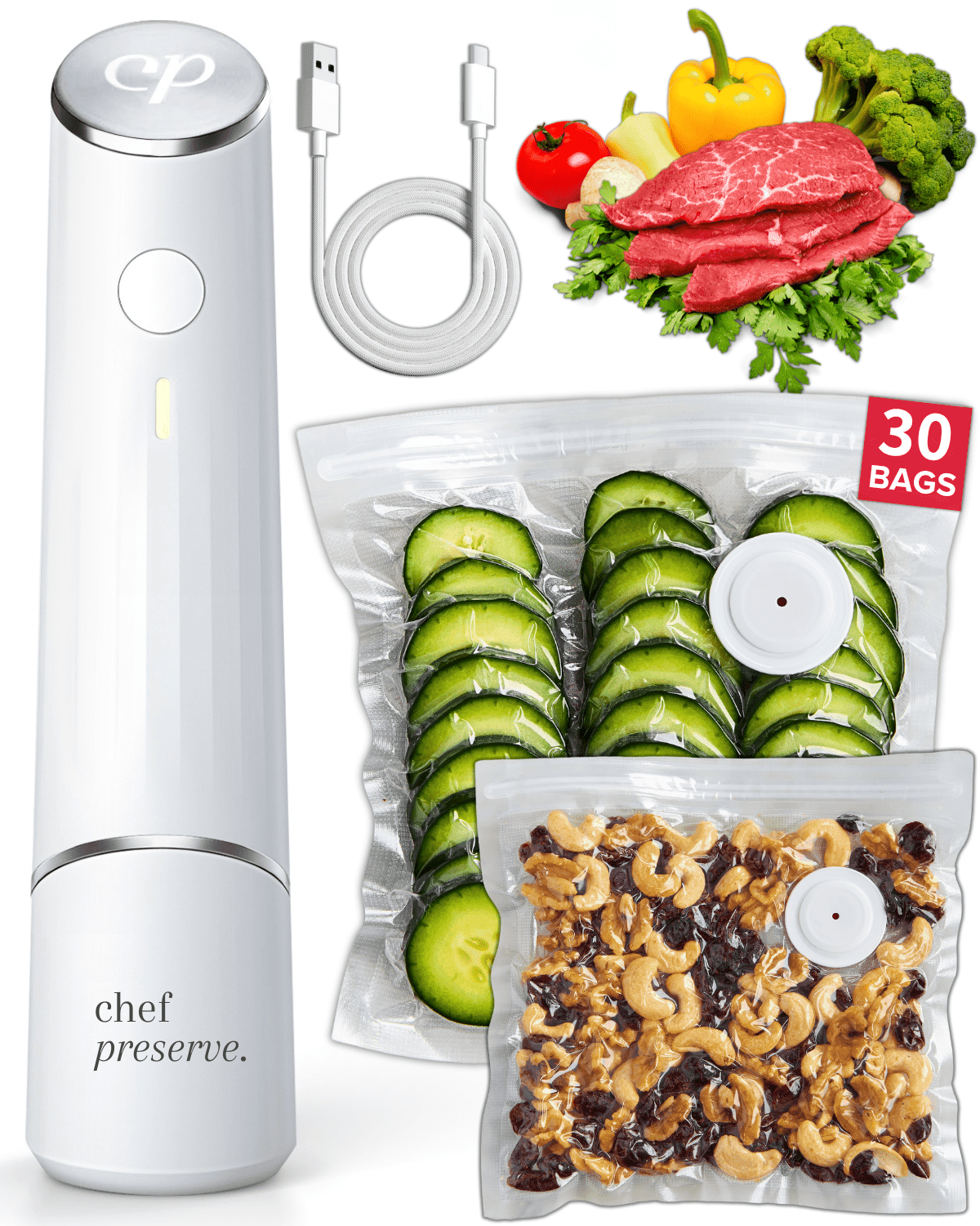 Chef Preserve Compact Vacuum Sealer Handheld + 30 Reusable Bags ...