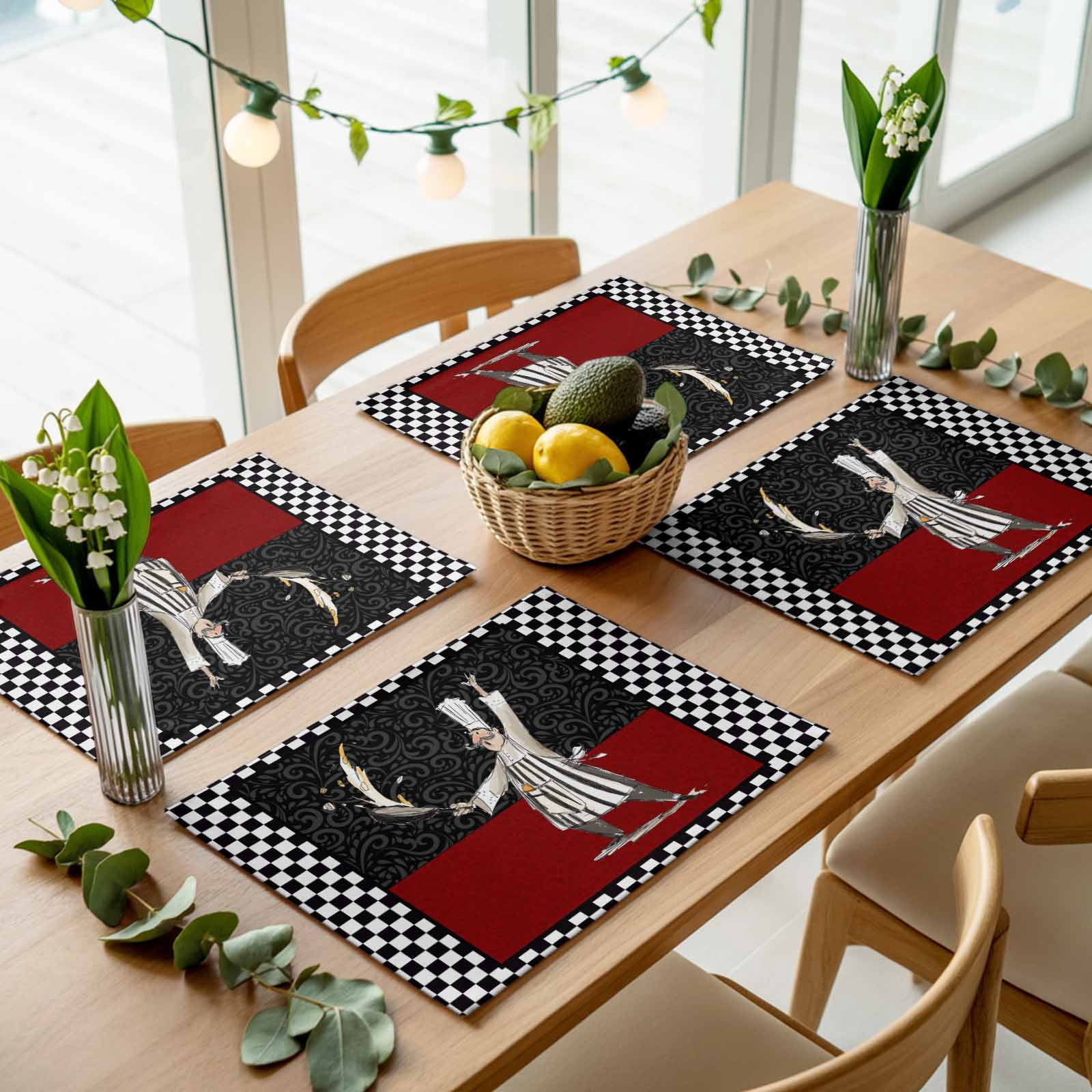 Chef Retro Red Floral Black Checker Placemats Set of 4,Wipeable ...
