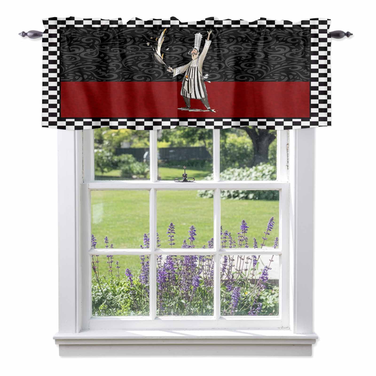 Chef Retro Red Floral Black Checker Valances for Windows,Kitchen ...