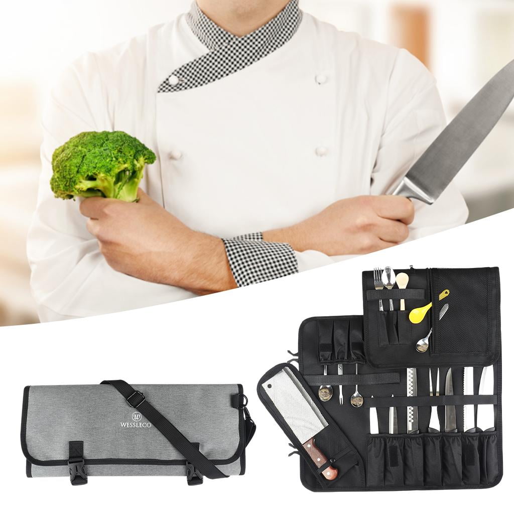 Chef Roll Bag Portable Adjustable Shoulder Straps 16 Pockets Cutlery ...