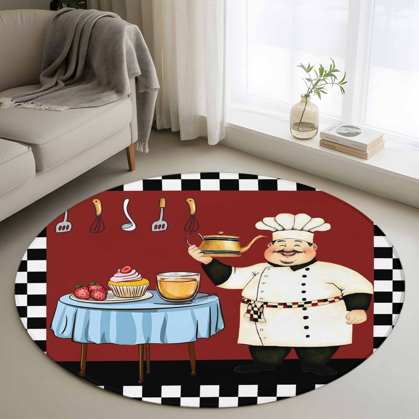 Chef Round Area Rug 3 FT,Small Kitchen Bathroom Mats,Cartoon Red Food ...