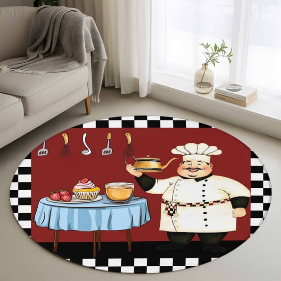 Chef Round Area Rug 3 FT,Small Kitchen Bathroom Mats,Cartoon Red Food ...
