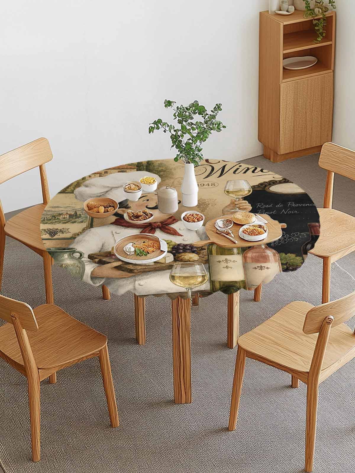 Chef Round Fitted Tablecloth with Elastic Edge, Wine Bottles Grapes ...