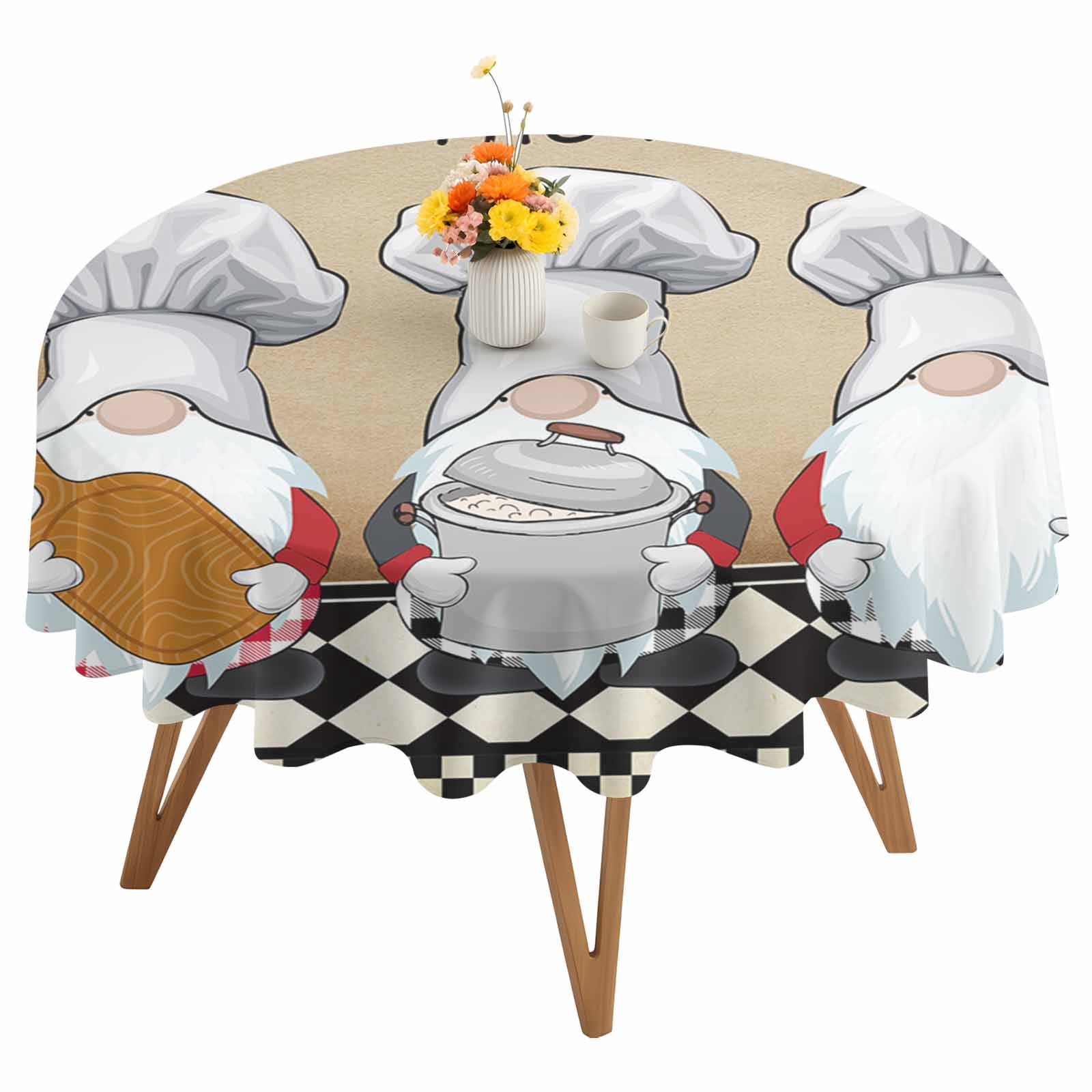 The Chef Round Tablecloth 54 inches Gnome Kitchen Retro Black Buffalo ...