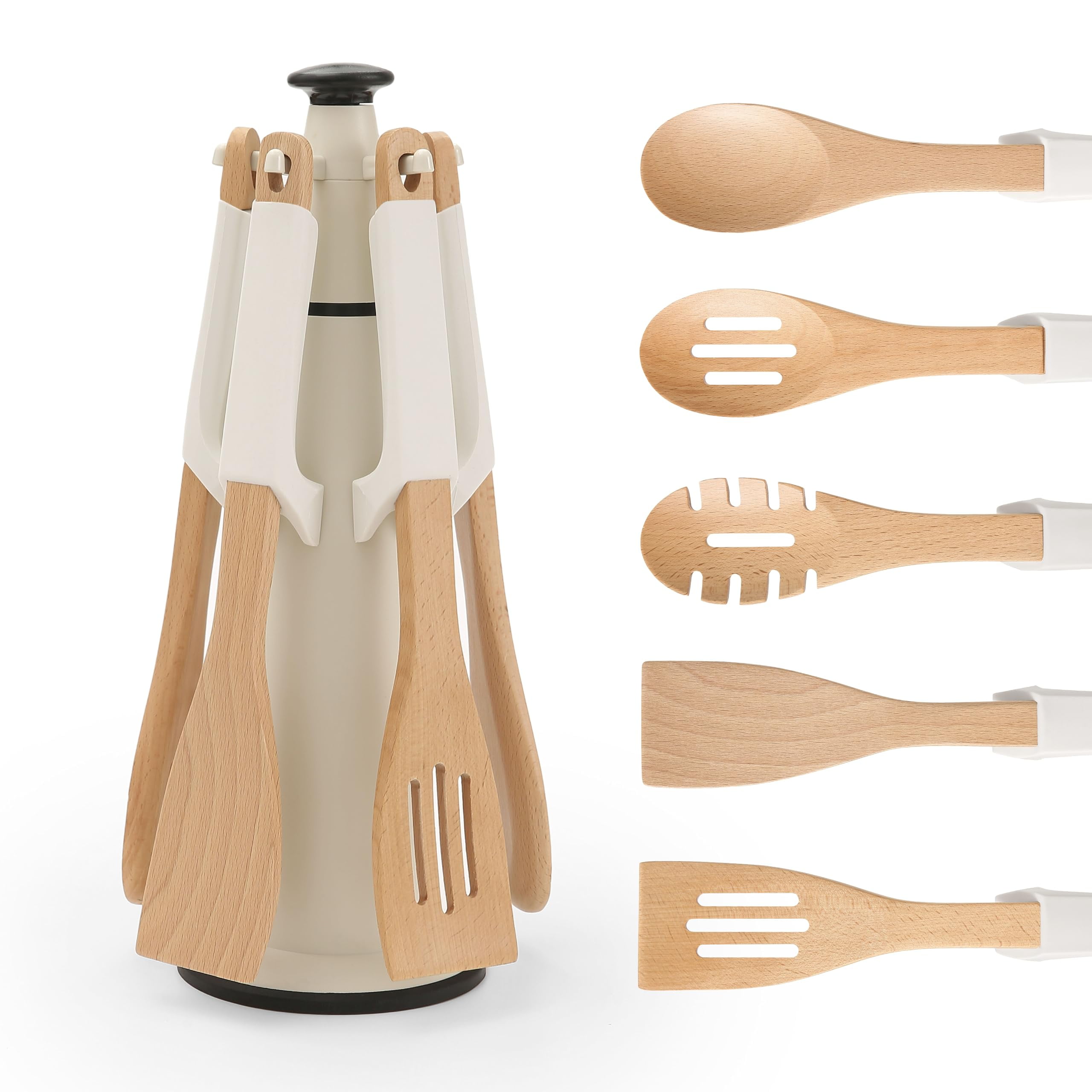 Chef’S Path Wooden Cooking Utensils Set - 5-Piece Beech Wood Kitchen Utensils Set With Silicone ...