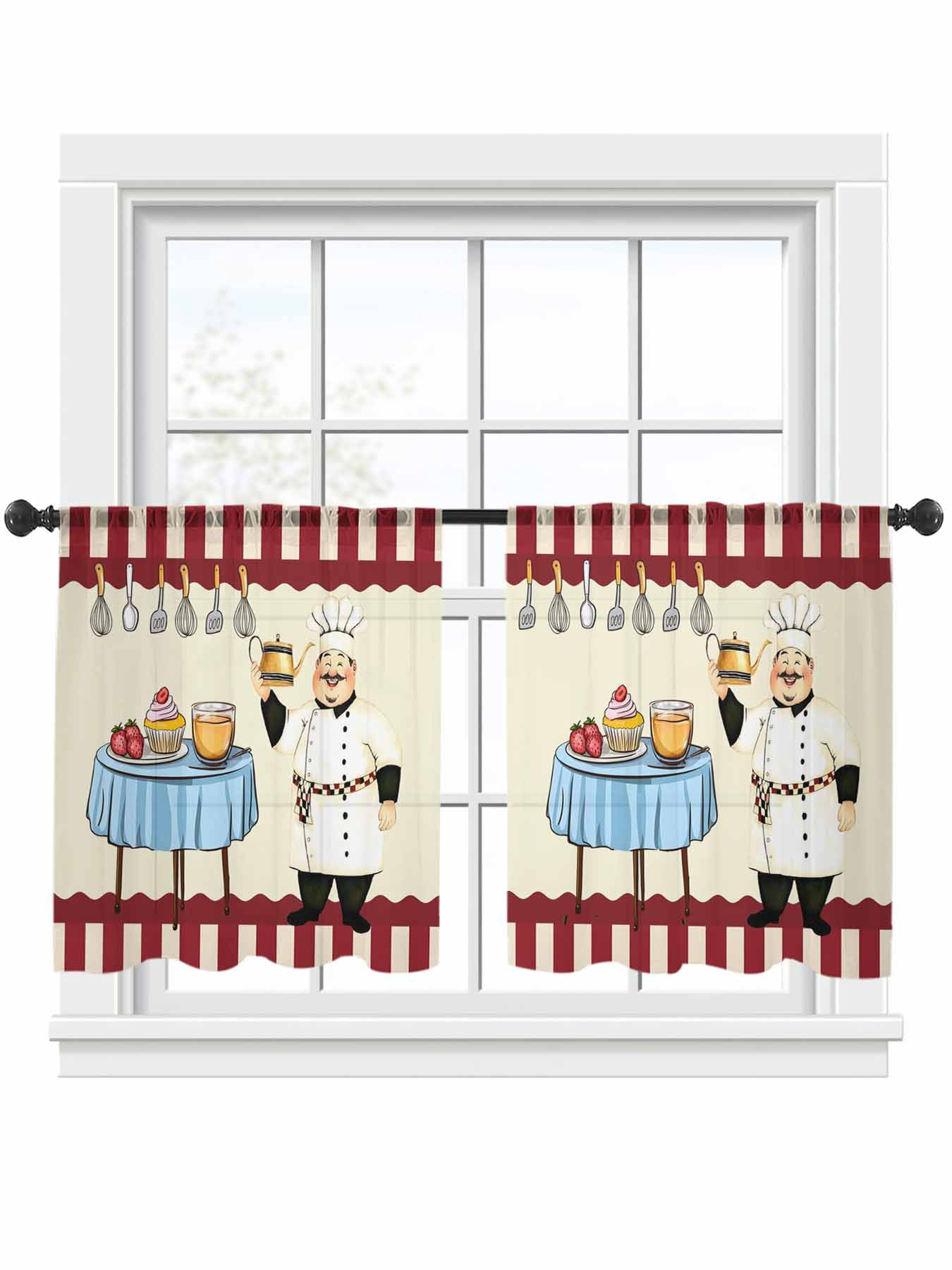Chef Sheer Curtains 45 Inch Length 2 Panels Set, Semi Transparent Voile ...