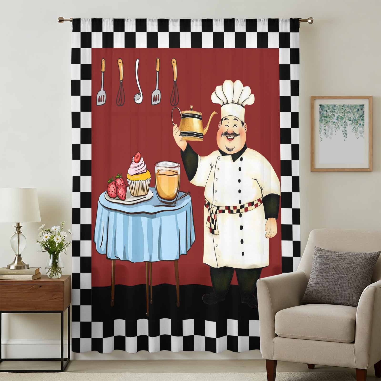 Chef Sheer Curtains 63 Inches Long, Cartoon Red Food Cooking Black ...