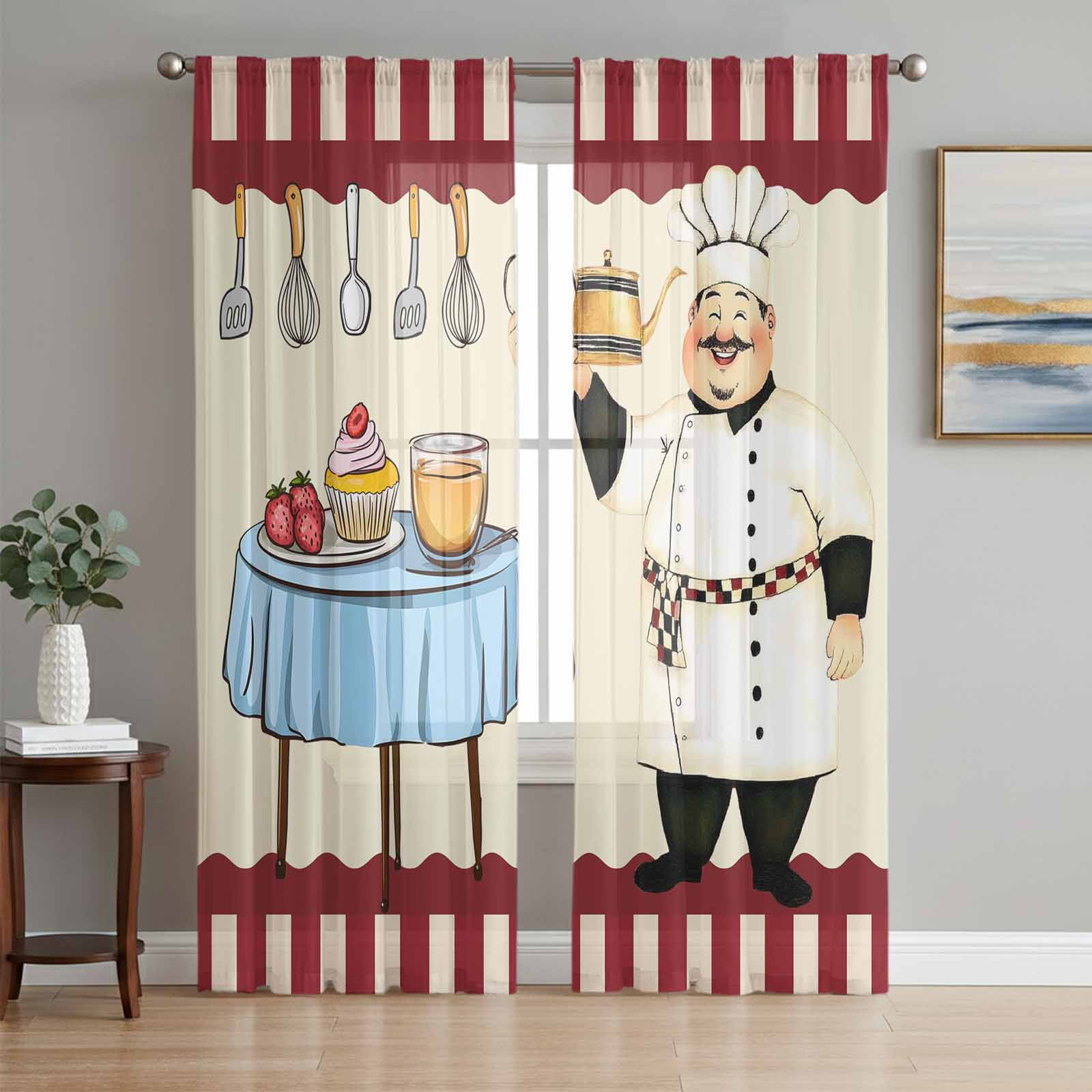 Chef Sheer Curtains 72 Inch Length 2 Panels Set, Red Fruit Cake Hat ...