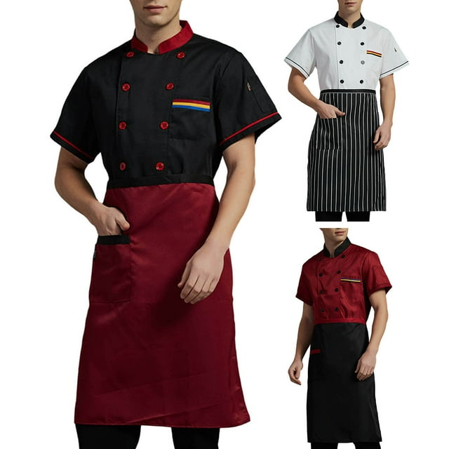 Chef Shirt and Apron Set, Unisex Chef Coat Jacket Short Sleeve Uniform ...