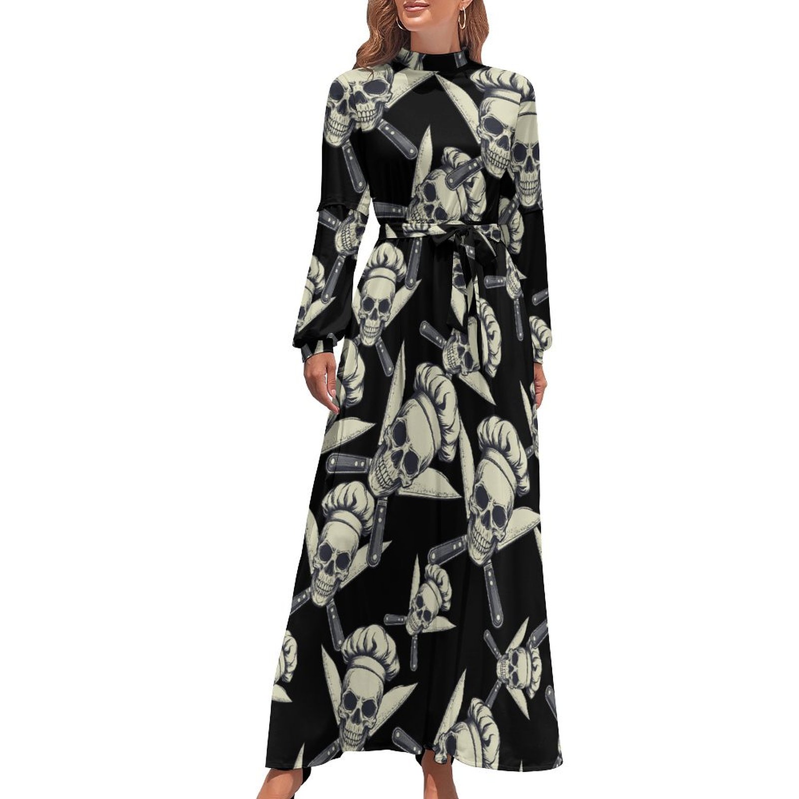 Chef Skull Chef's Hat Cooking BBQ Grilling Women's Fall Maxi Dress Long ...