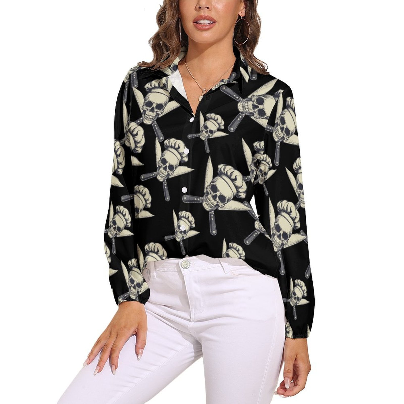 Chef Skull Chef's Hat Cooking BBQ Grilling Womens Button Down Shirts ...
