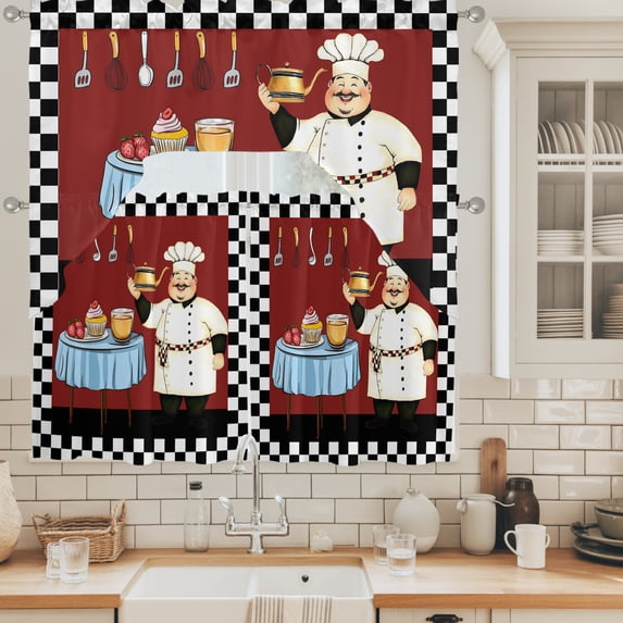 Chef Swag Curtains Valance and Tier Set, Red Kitchen Dessert Food Black ...
