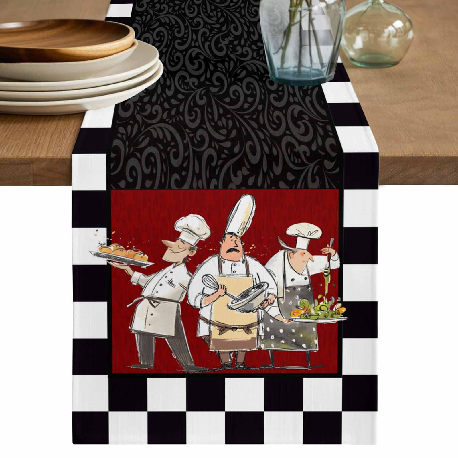 Chef Table Runner 72 Inches, Cartoon Cute Watercolor Cooking Black ...