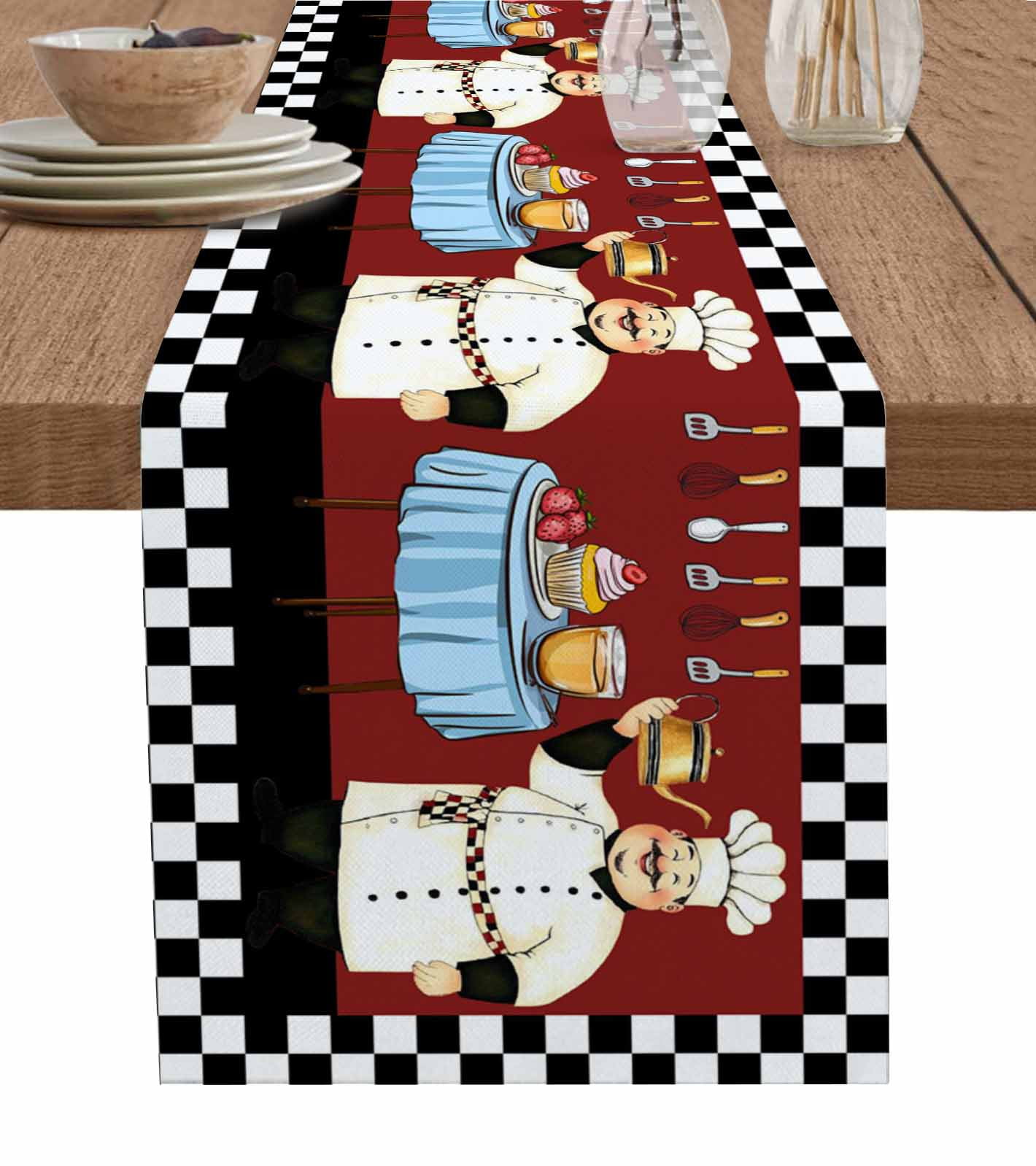 Chef Table Runner 72 Inches, Cartoon Red Food Cooking Black White ...