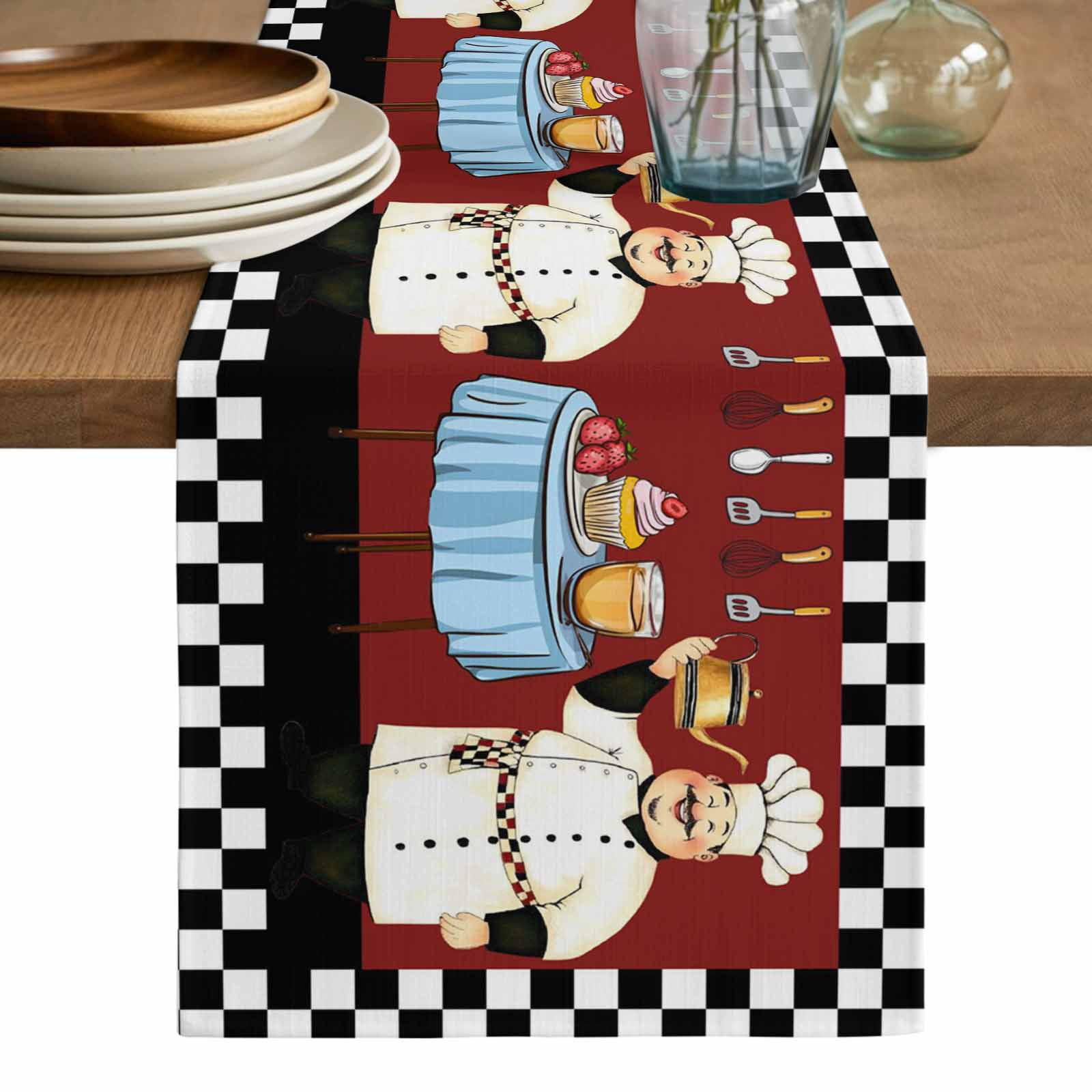 Chef Table Runner, Cartoon Red Food Cooking Black White Buffalo Check ...