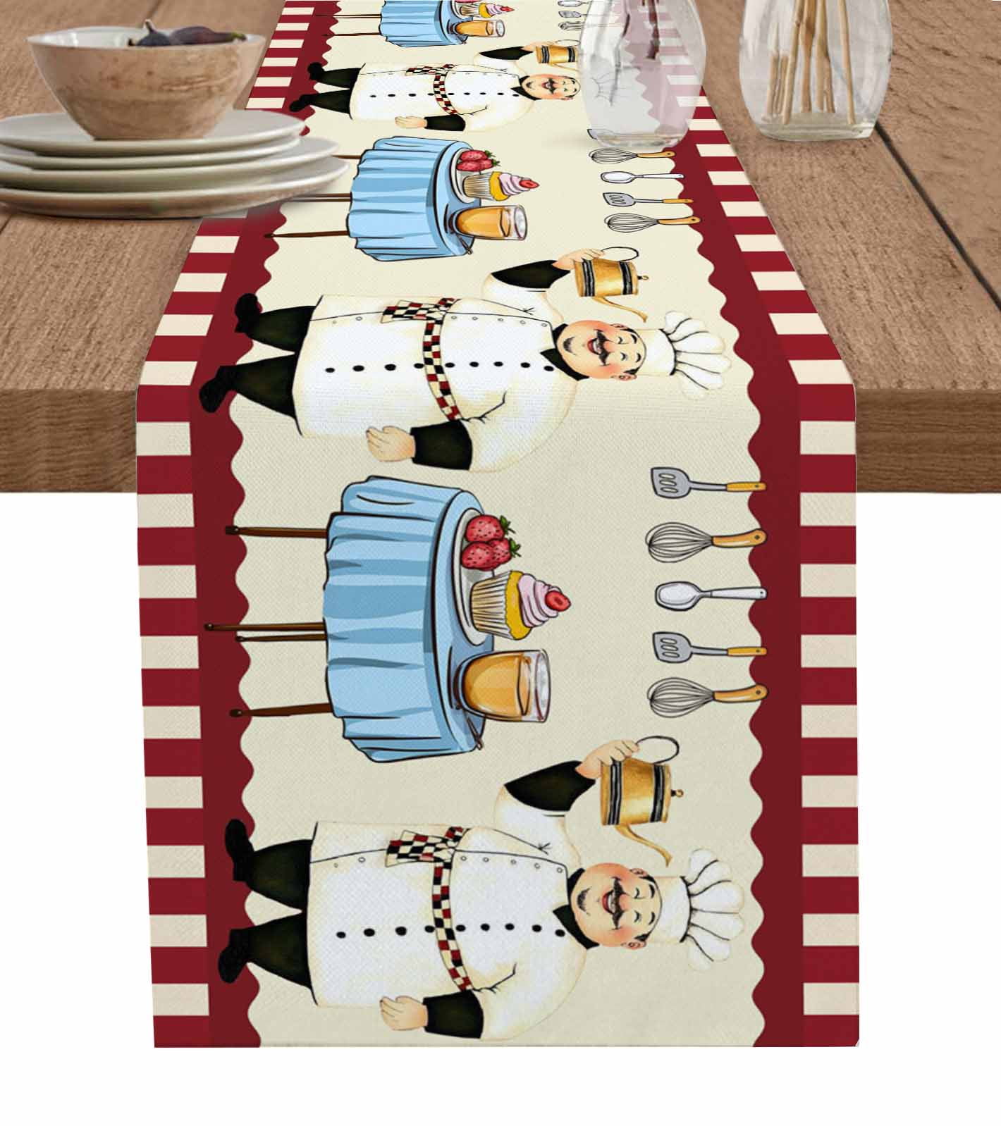 Chef Table Runner Red Fruit Cake Hat Kitchen Gourmet Vintage ...
