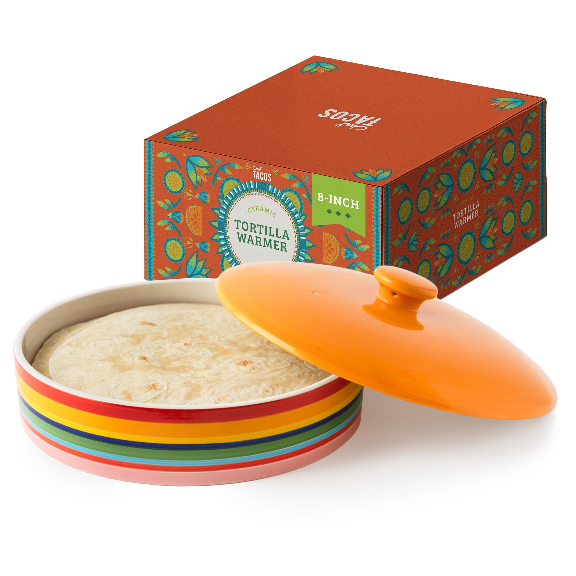 Chef Tacos Ceramic Tortilla Warmer with Lid, Colorful Tortilla Holder ...
