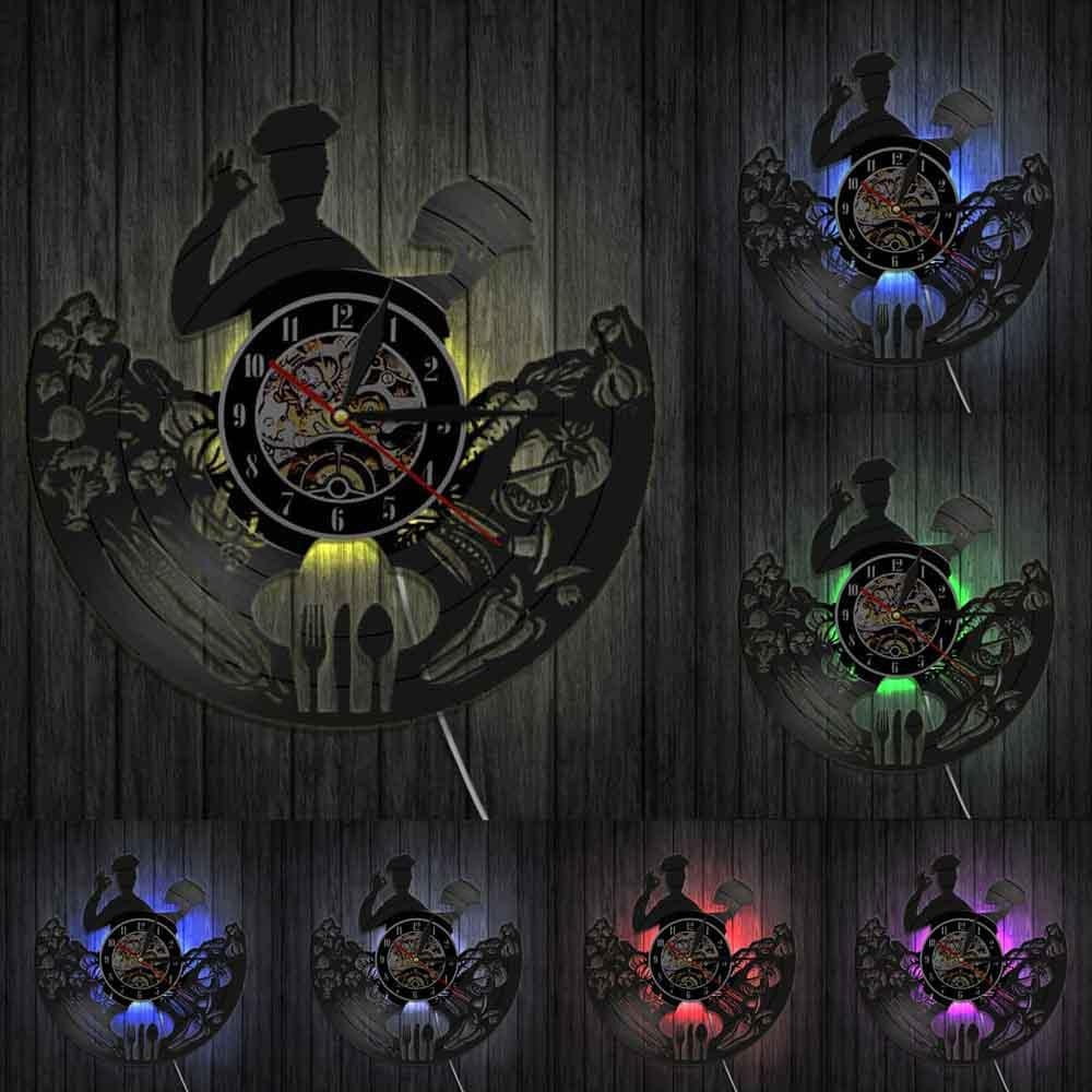 Chef Wall Clock Restaurant Business Logo Wall Decor Kitchen Utensils ...