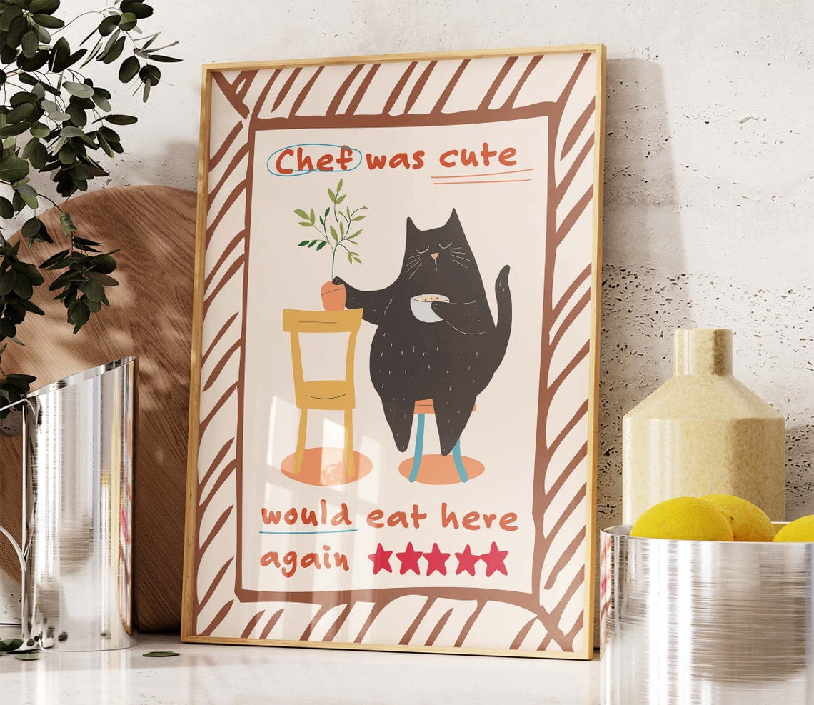 Chef Was Cute Cat Print, Kitchen Wall Art, Unframed Paper Poster ...
