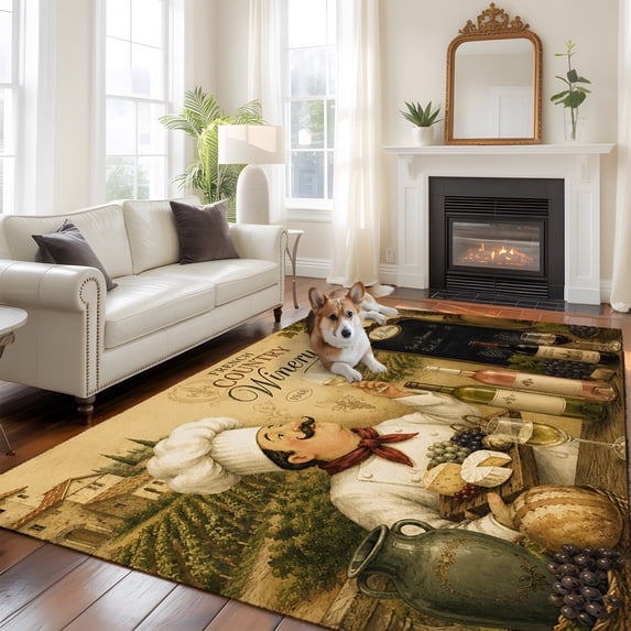 Chef Washable Area Rug 8x10 Wine Bottles Grapes Cheese Rustic Farmhouse ...