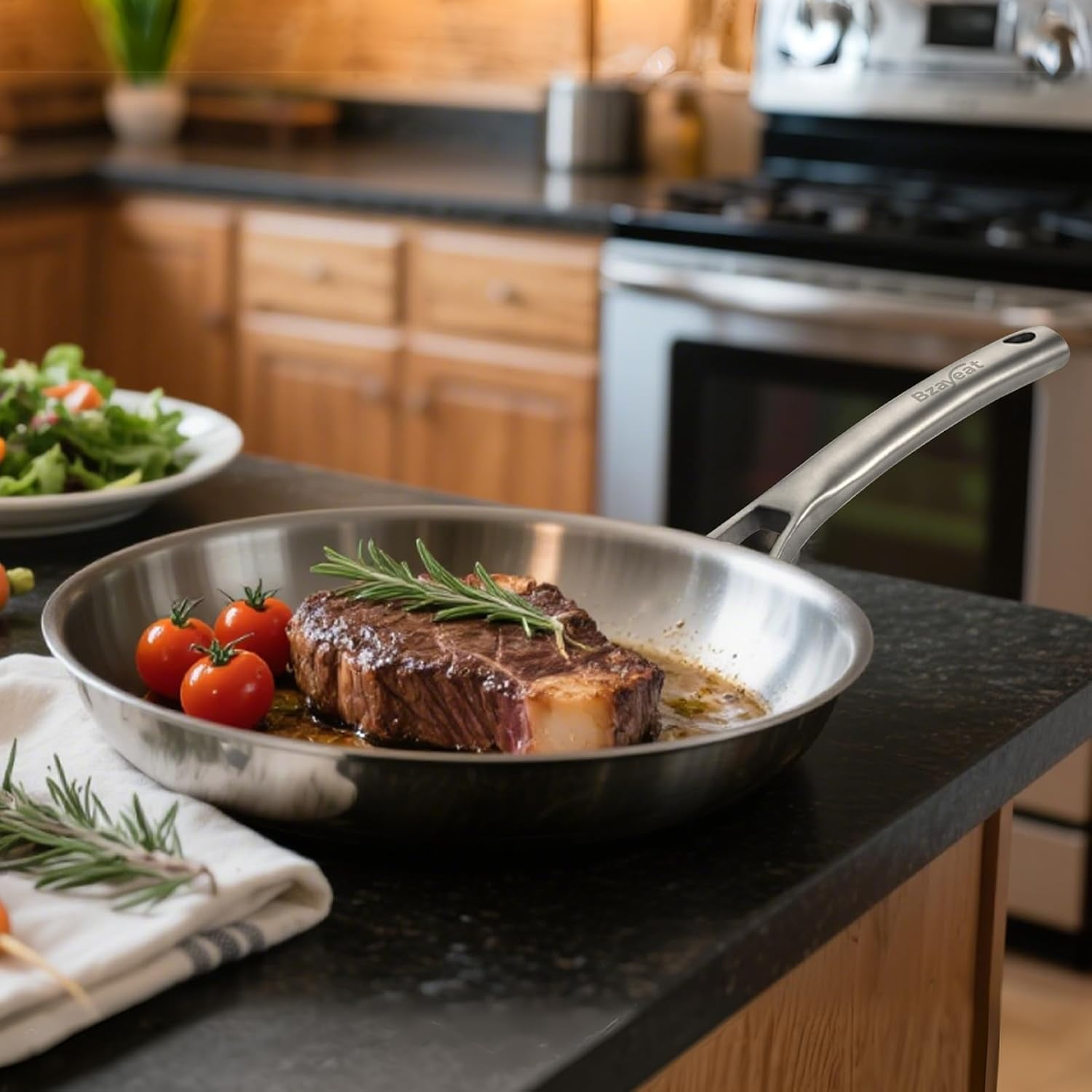 Chef's Frying Pan 12 Inch Set of 2, Tri-Ply Clad Stainless Steel ...