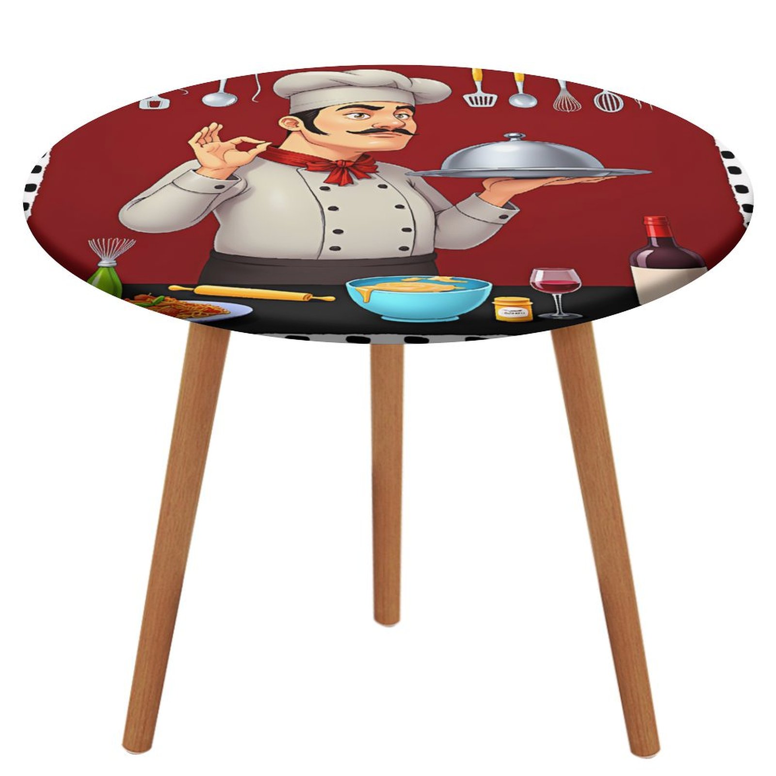 Chef's Kitchen in Red Round Fitted Tablecloth Elastic Table Cover ...