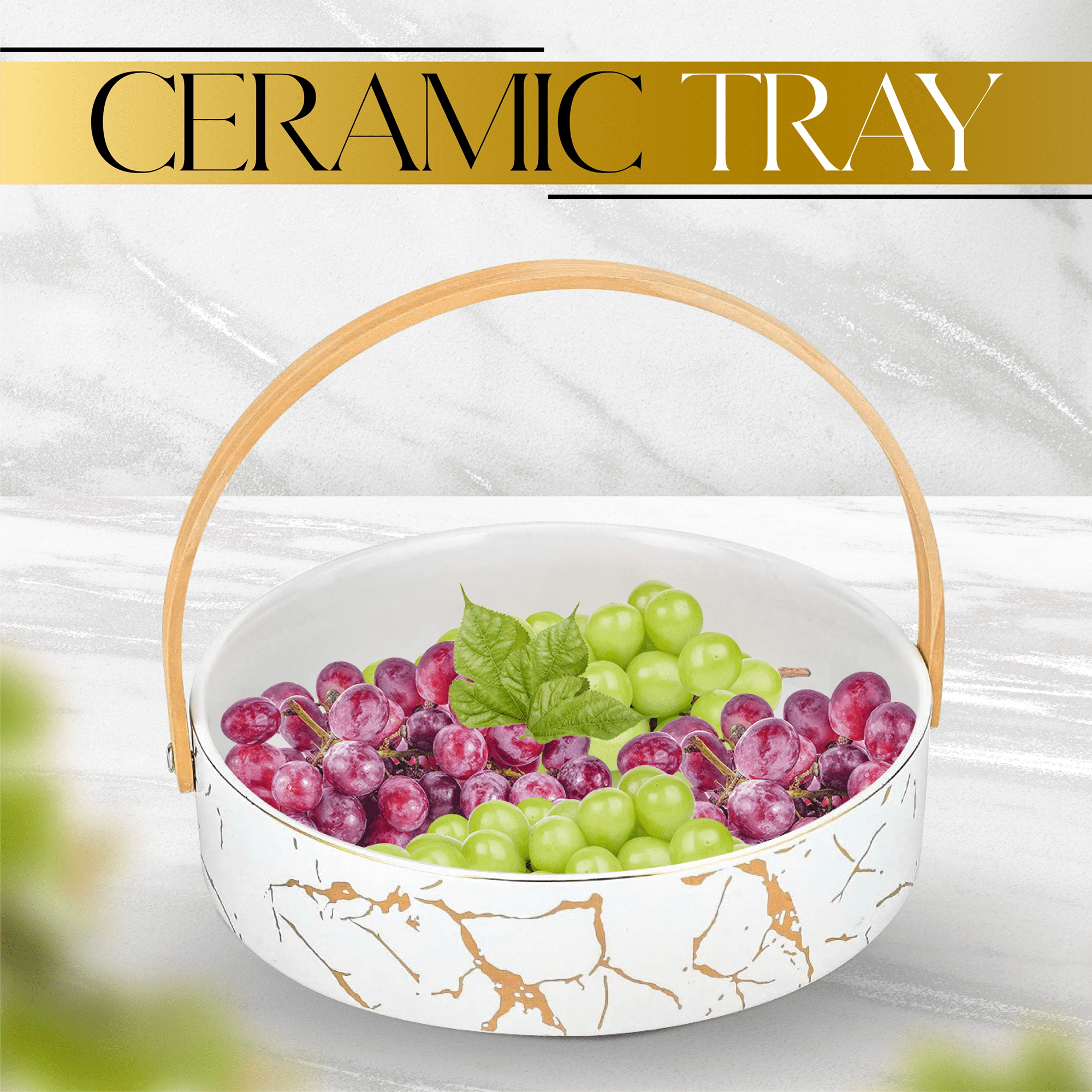 Chef's Unique Round 13" White & Round Ceramic Serving Tray with Handle ...