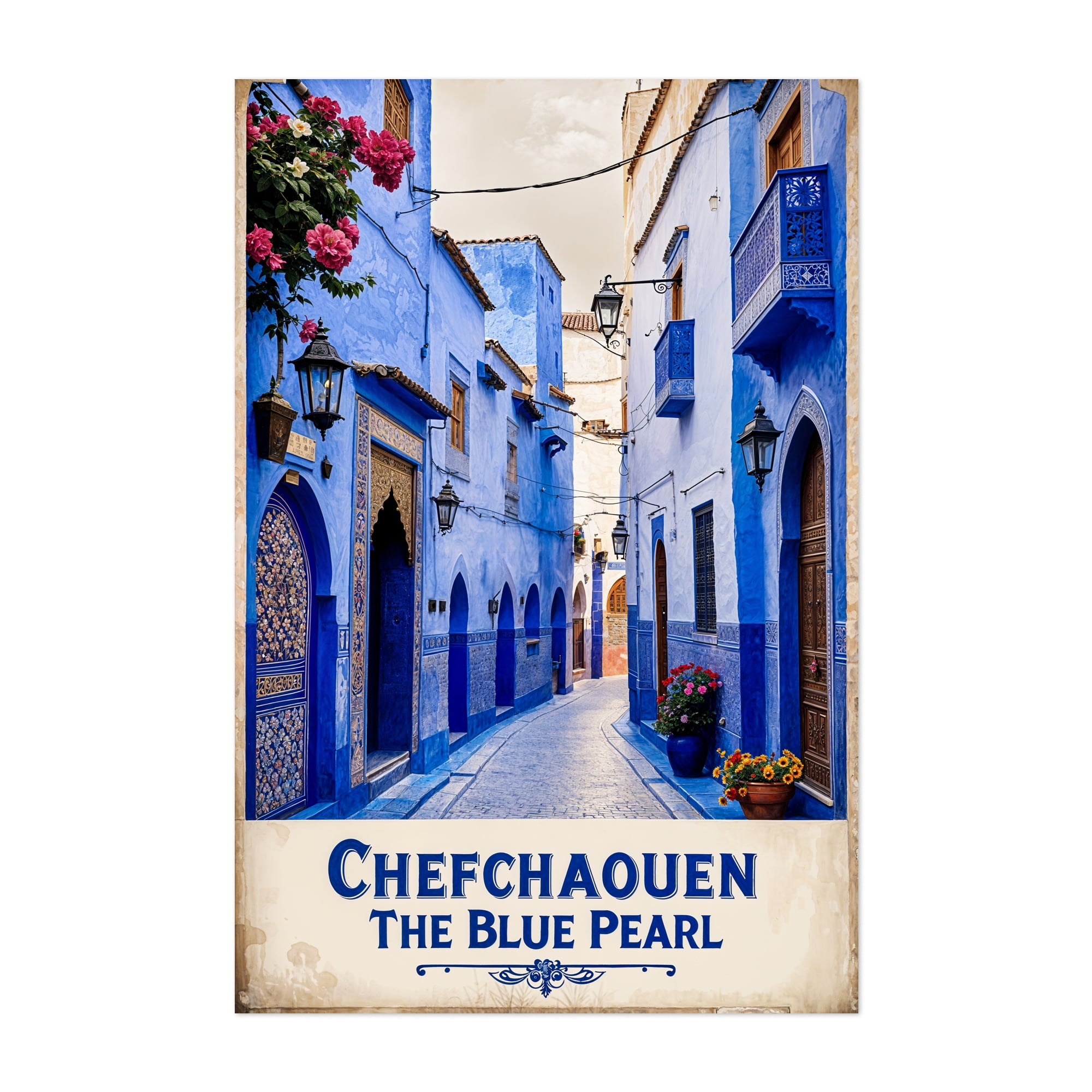 Chefchaouen Vintage Poster – Moroccan Blue Pearl Art - Chefchaouen ...