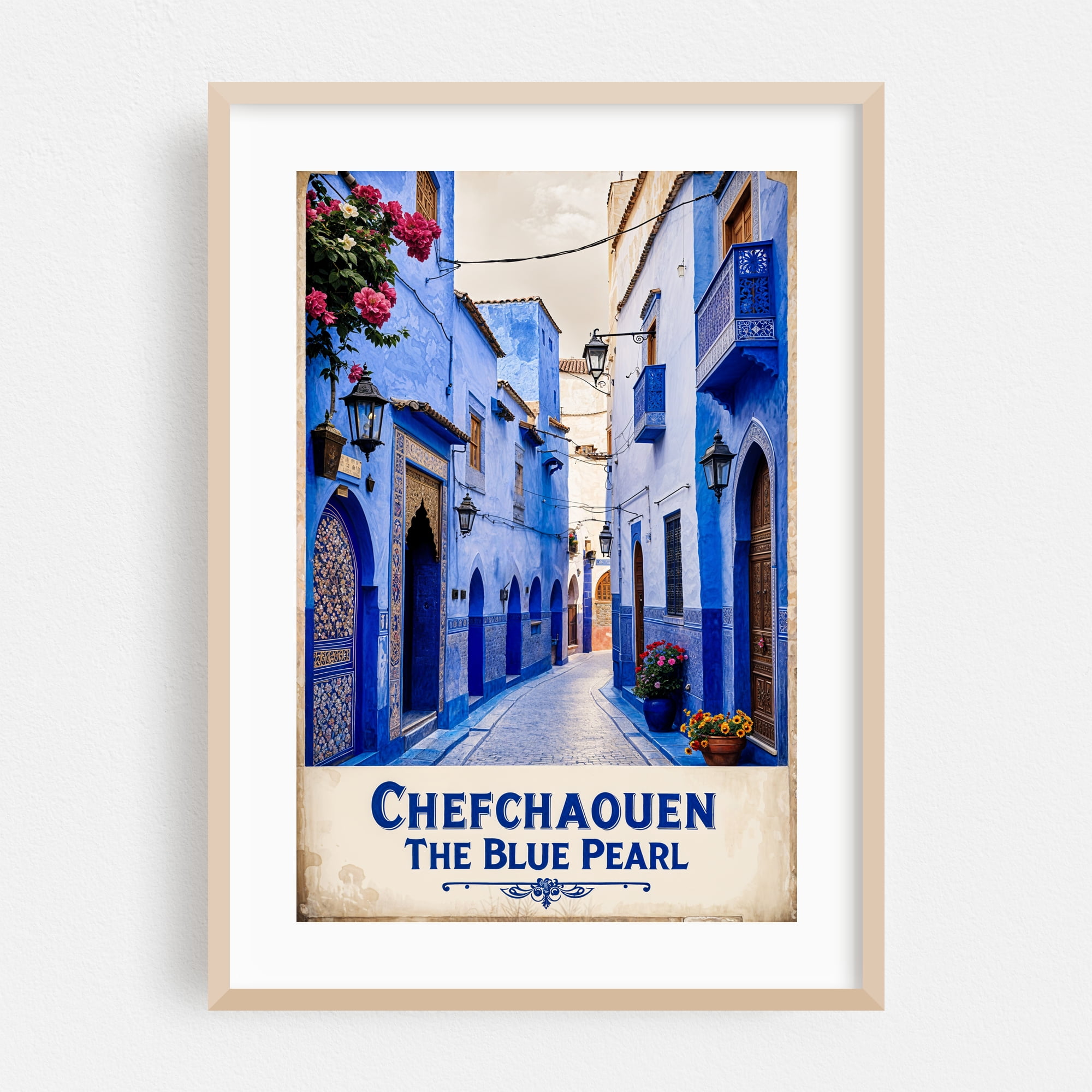 Chefchaouen Vintage Poster – Moroccan Blue Pearl Art - Chefchaouen ...