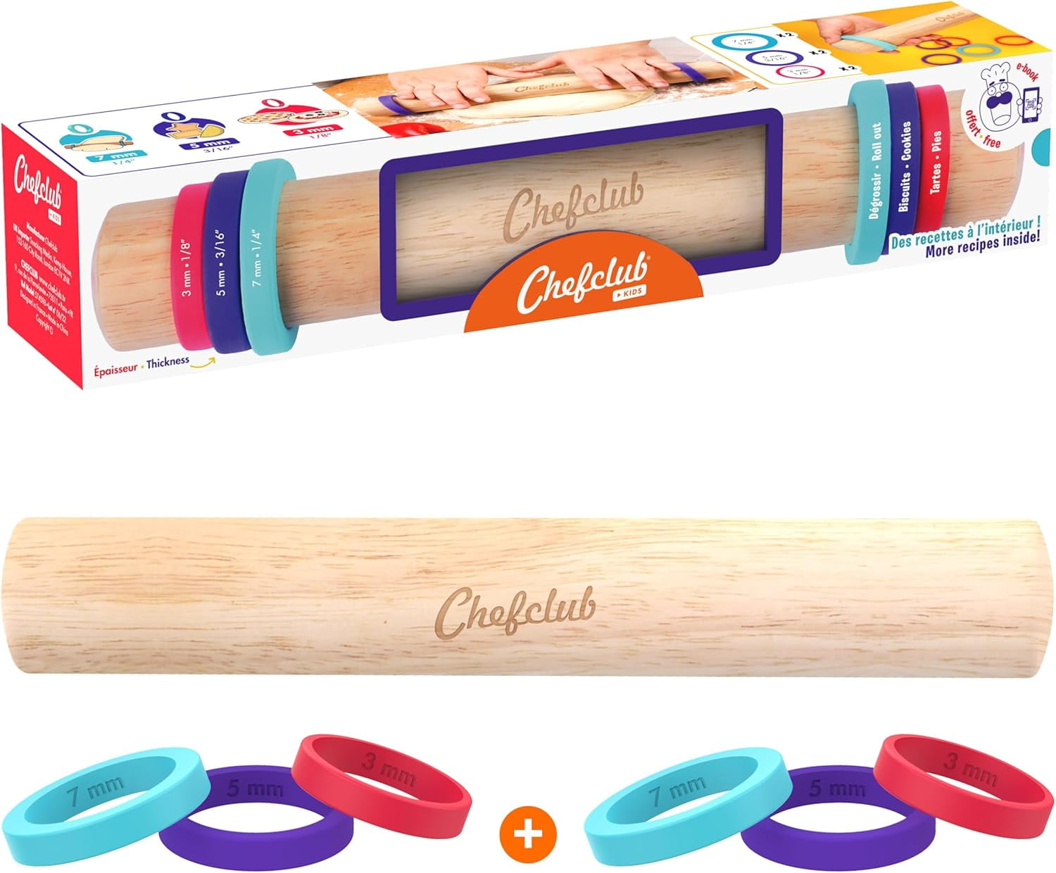 Chefclub Kids Adjustable Wooden Rolling Pin - 3 Removable Silicone ...