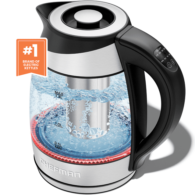 Chefman 1.8L Electric Glass Kettle w/ Temperature Control, Removable Tea Infuser - Stainless ...