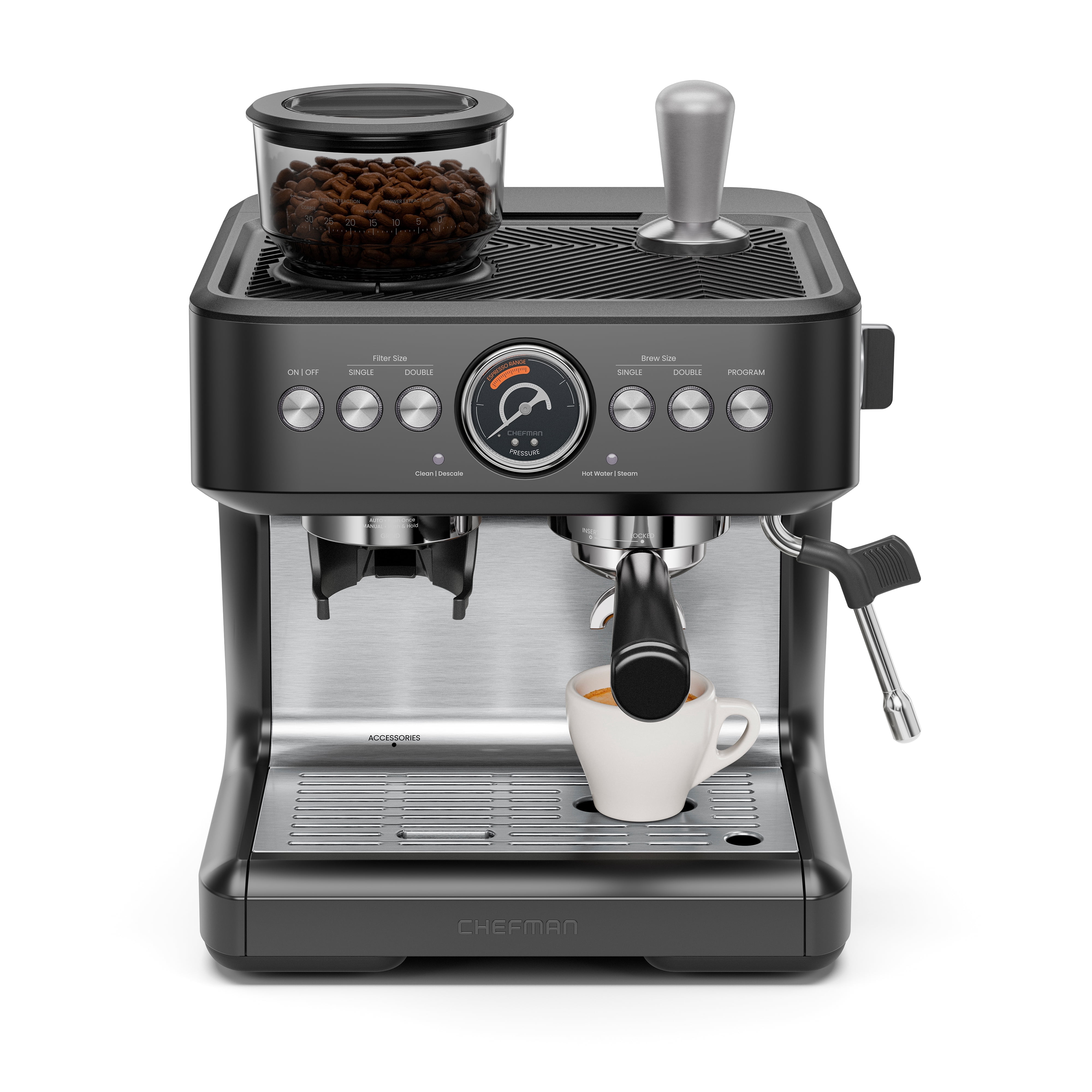 Chefman Crema Deluxe Double Boiler Espresso Machine, Grinder, Steam ...
