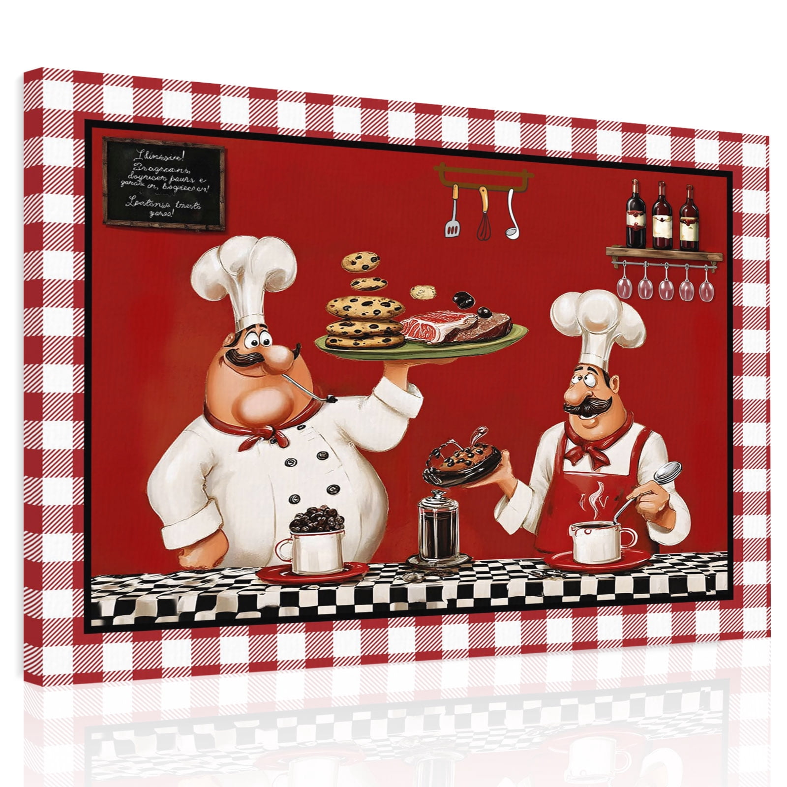 Chefs Canvas Print Wall Art, Food Coffee Cookies Steak Red Plaid Wall ...