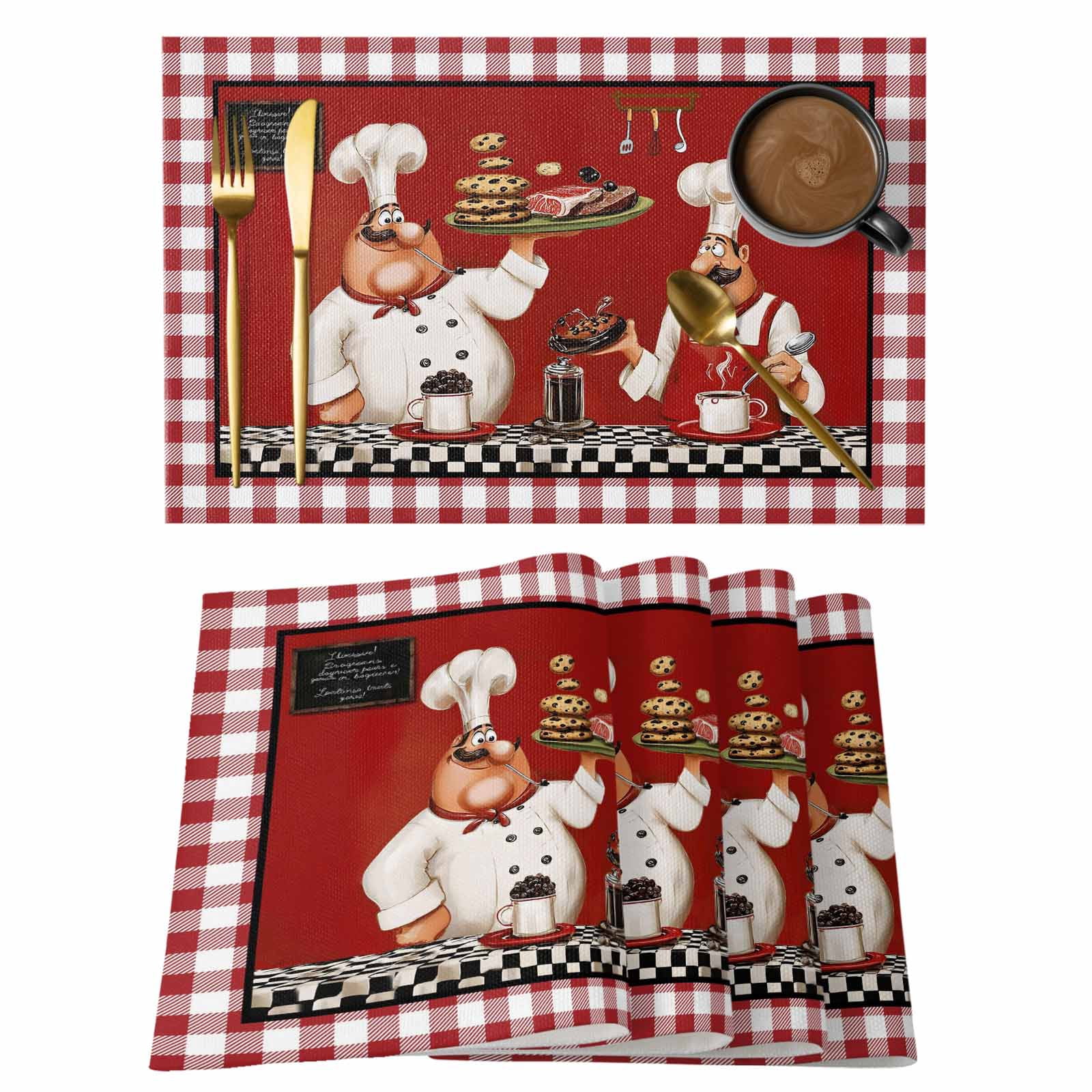 Chefs Cotton Linen Placemats Set of 8, Food Coffee Cookies Steak Red ...