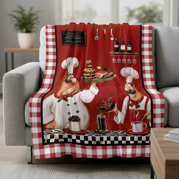 Chefs Fleece Throw Blanket Food Coffee Cookies Steak Red Plaid Ultra ...