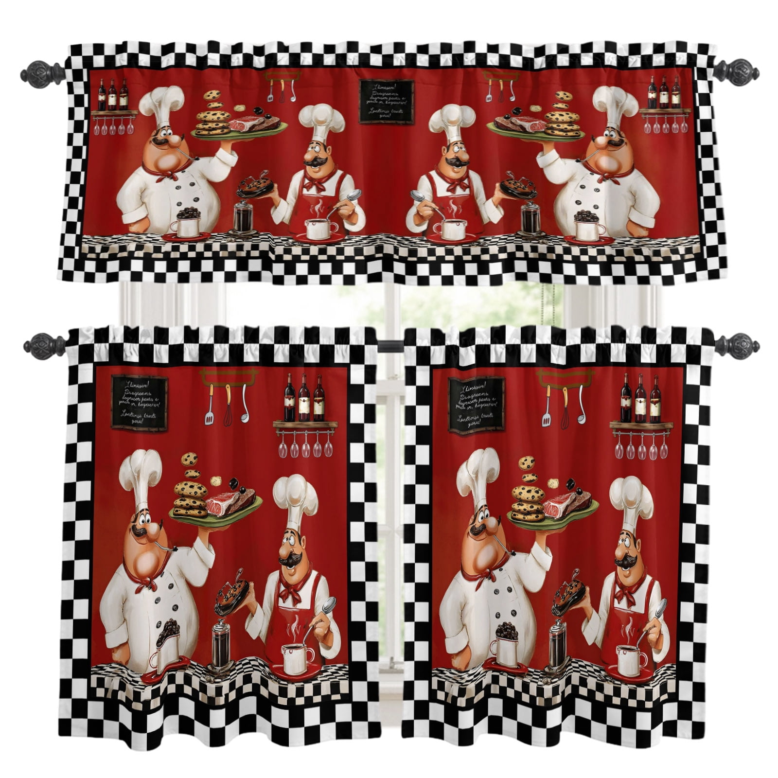 Chefs Kitchen Curtains Valances 3 Piece Set, Food Coffee Cookies Steak ...
