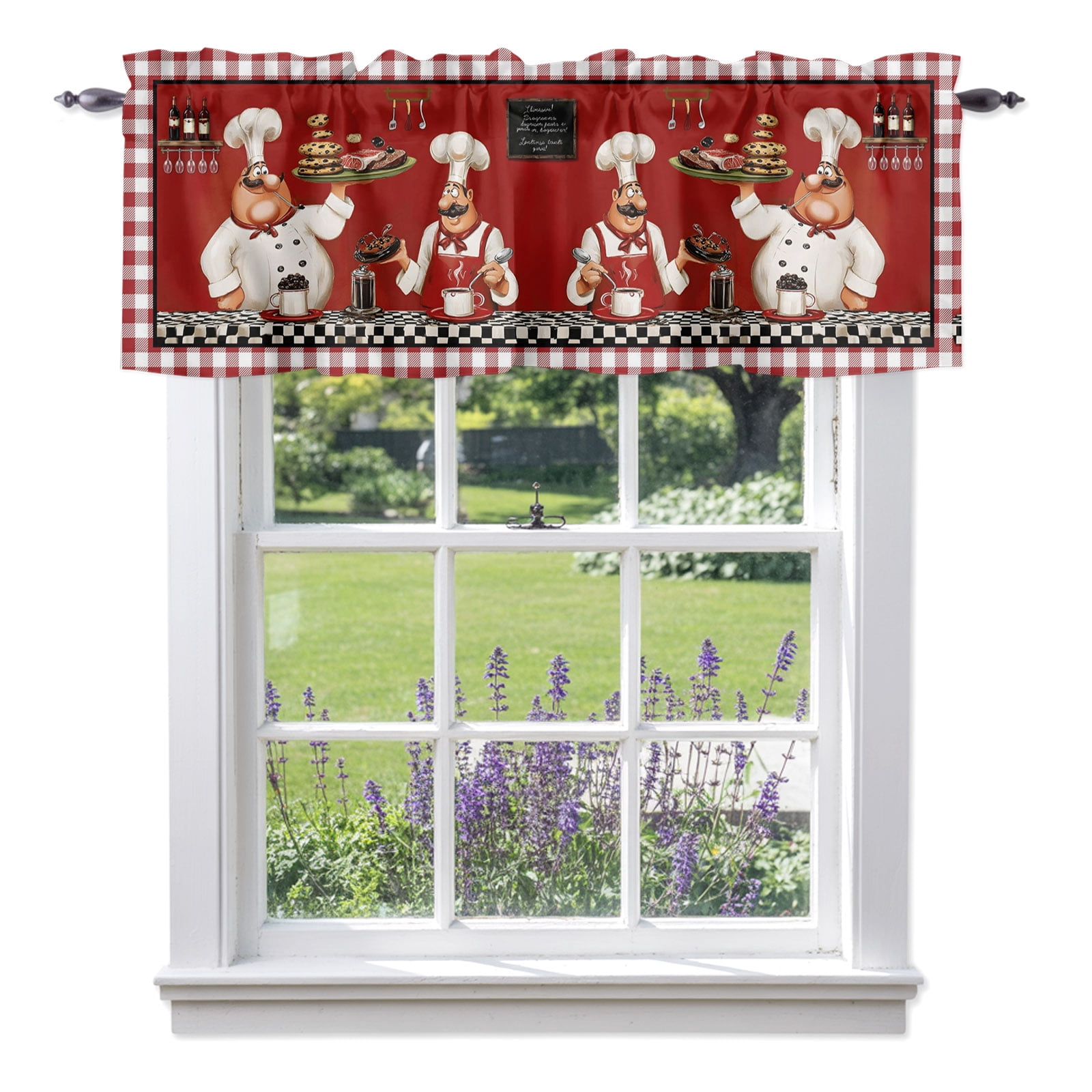 Chefs Valance Curtains for Windows, Food Coffee Cookies Steak Red Plaid ...