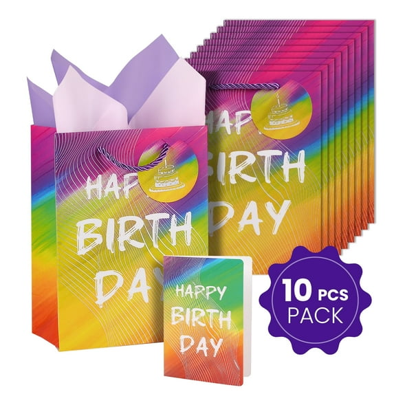 Cheinxy 10 Pcs 7"/11"/13" Happy Birthday Gift Bag with Tissue Paper and ...
