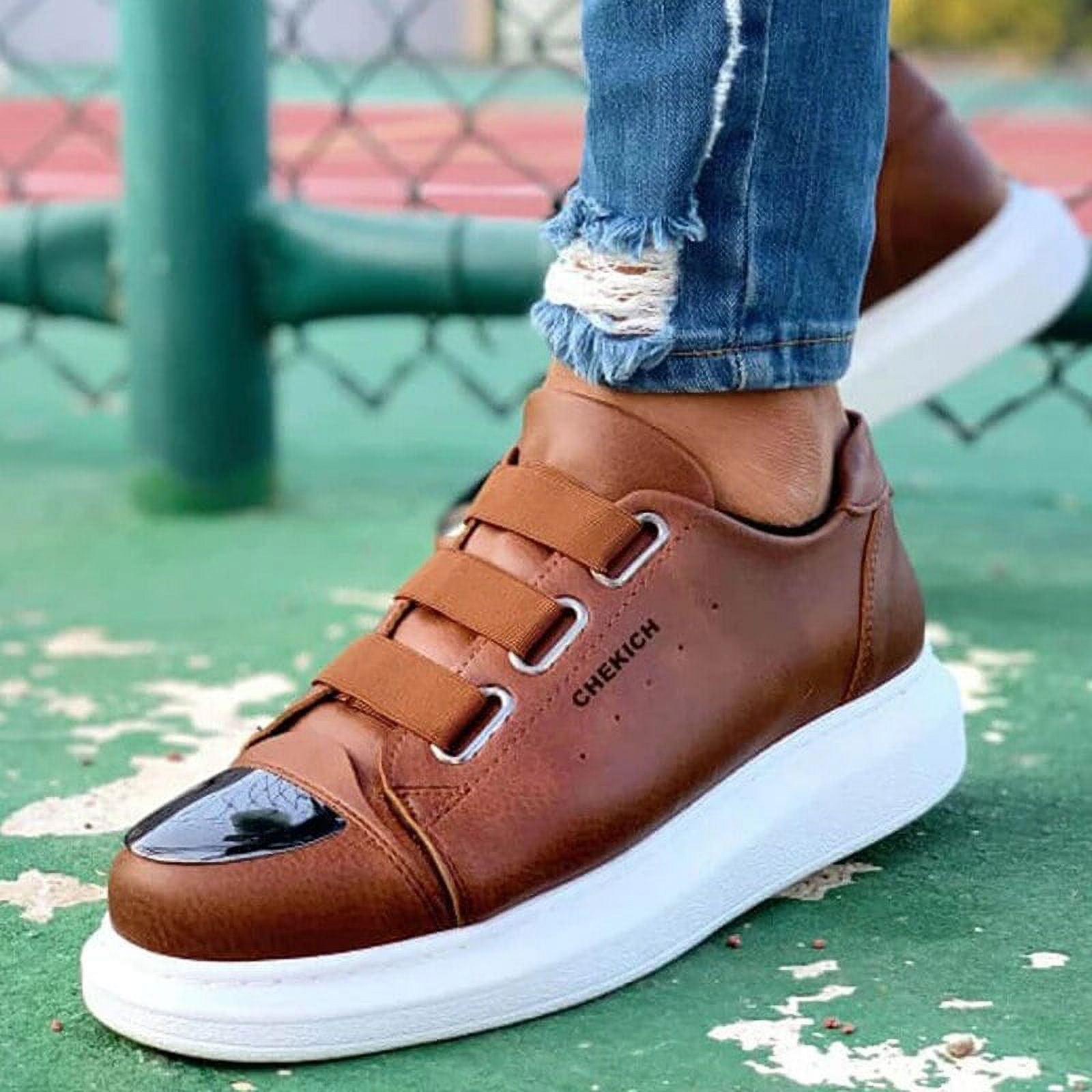 Chekich Men's Shoes Tan Color Elastic Band Closure Faux Leather Autumn ...