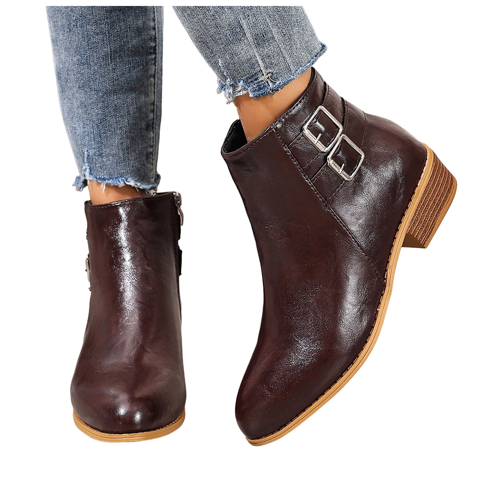 Chelsea Boots Women Retro Leather Stacked Low Heel Zipper Ankle Booties ...
