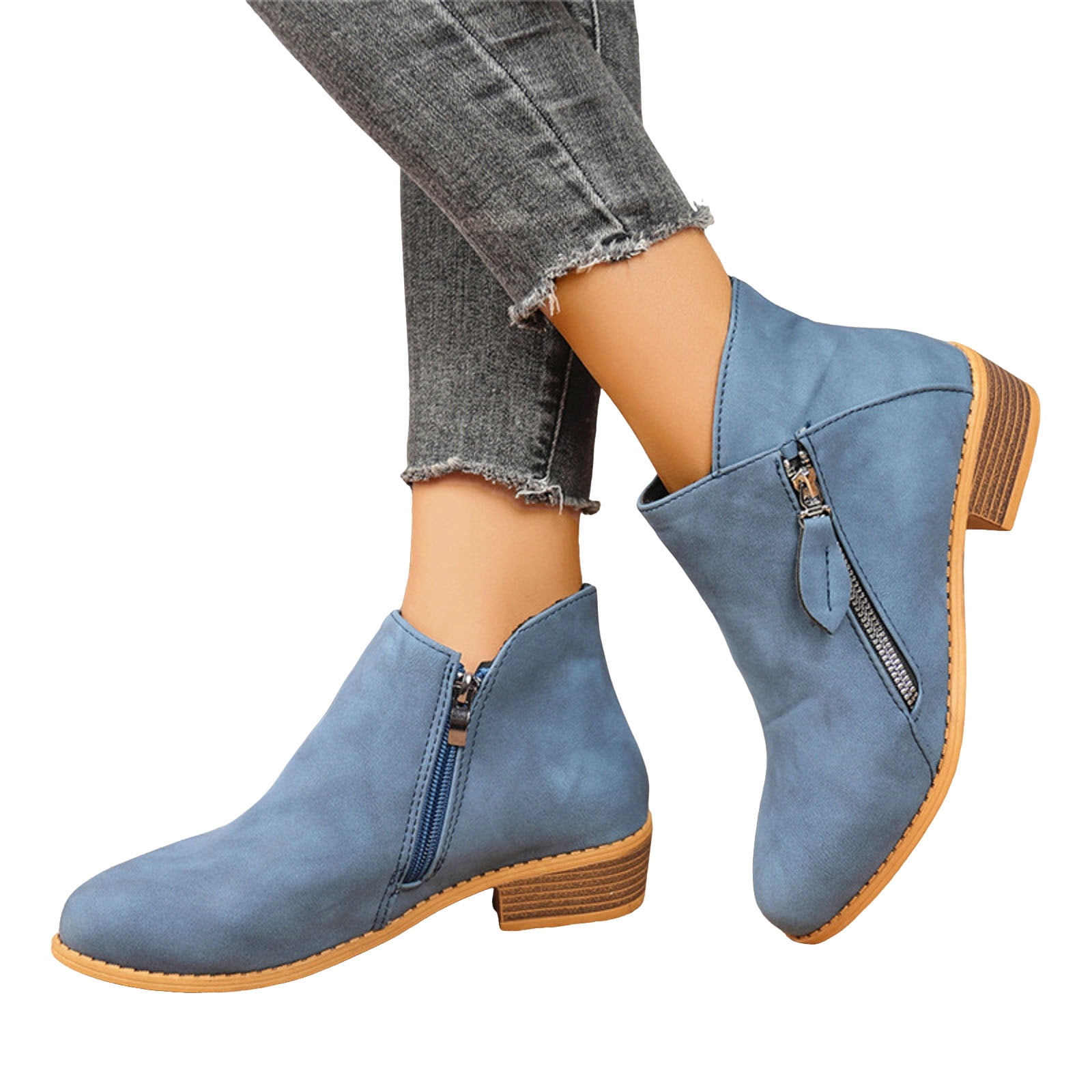 Chelsea Boots Women Trendy Double Side Zipper Stacked Low Heel Pointed ...