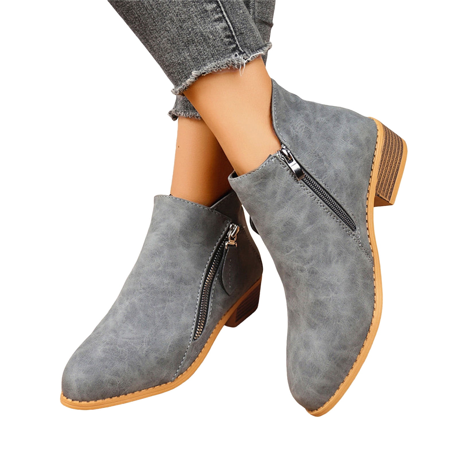 Chelsea Boots Women Trendy Double Side Zipper Stacked Low Heel Pointed ...