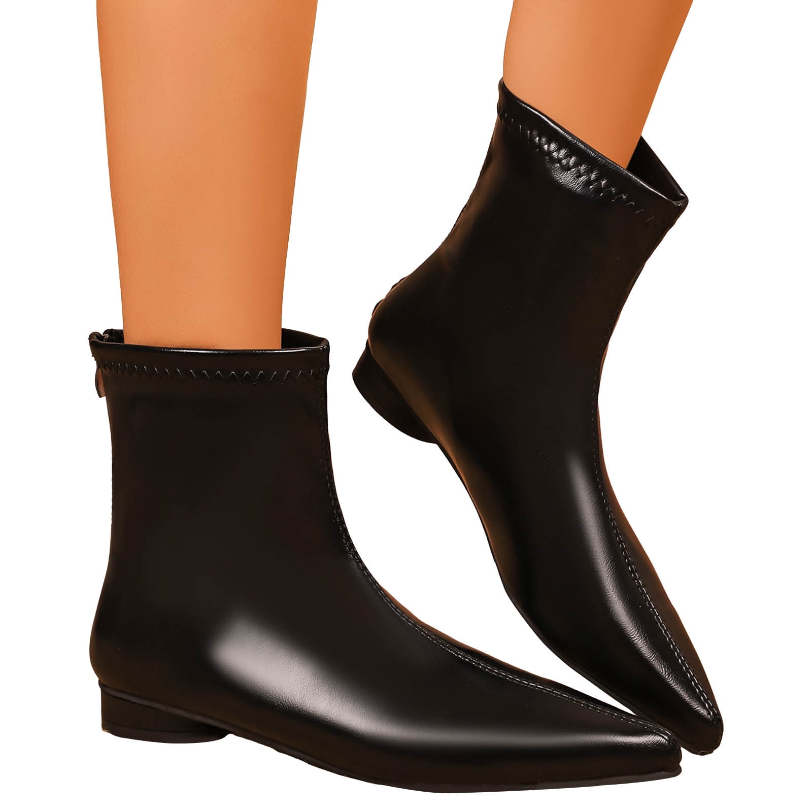 Chelsea Boots Women Trendy Stitching Leather Pointed Toe Low Heel Back ...