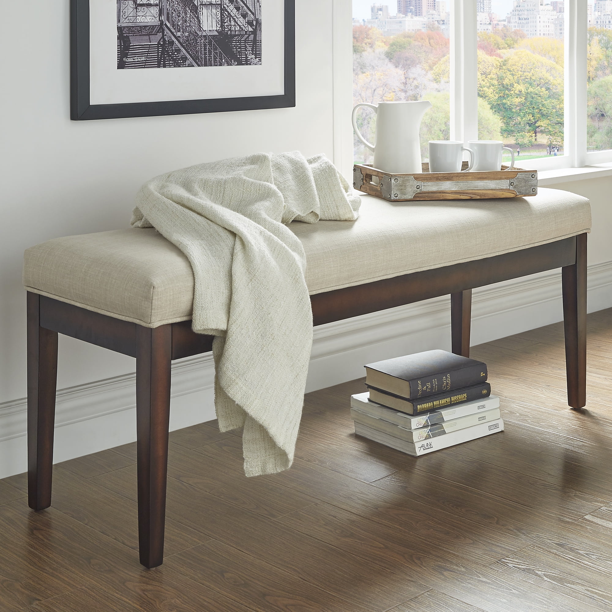 Weston Home Chelsea Lane Espresso Wood Linen Upholstered Bench, Cream ...